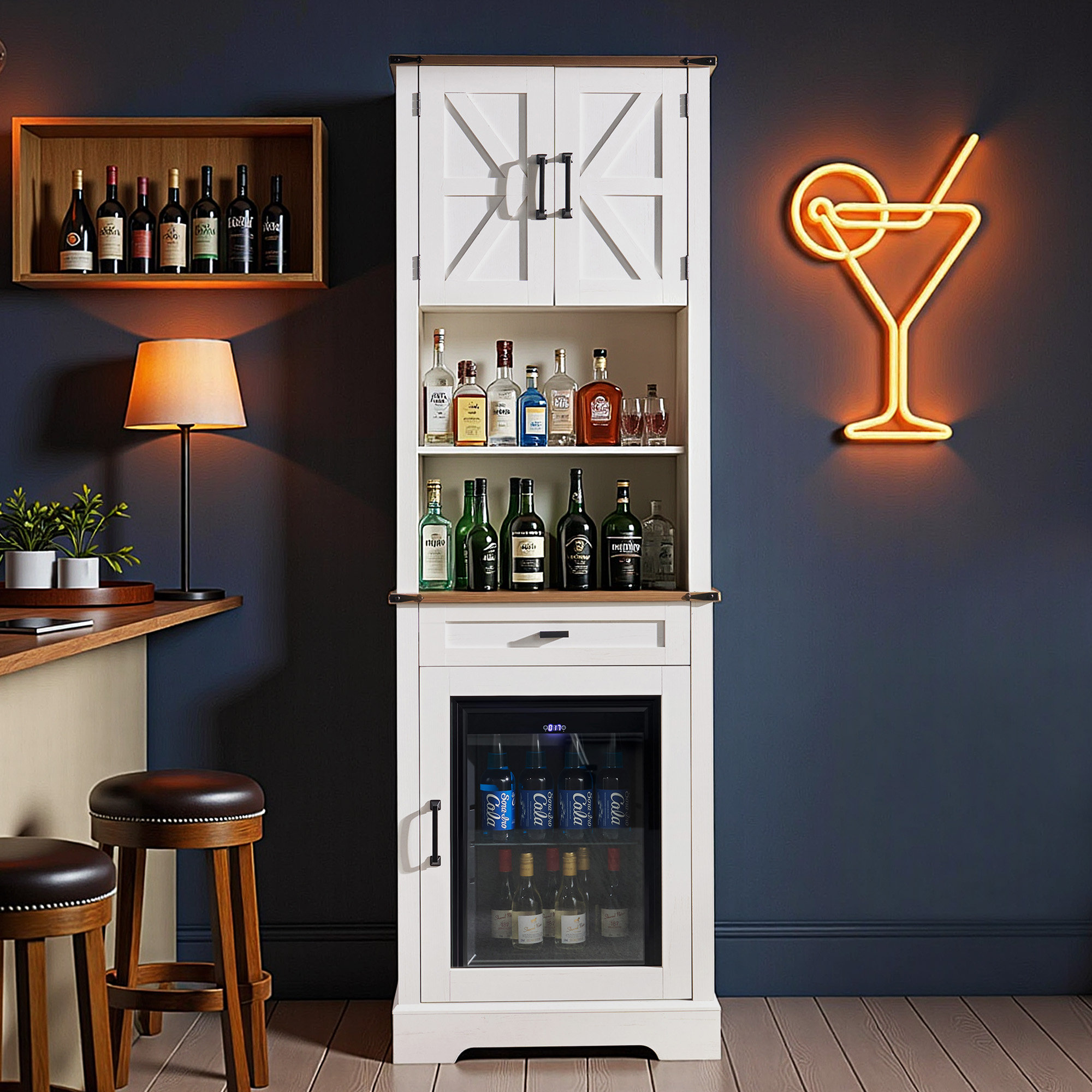 Gracie Oaks 69" Tall Bar Cabinet with Mini Fridge & Adjustable Shelves ...