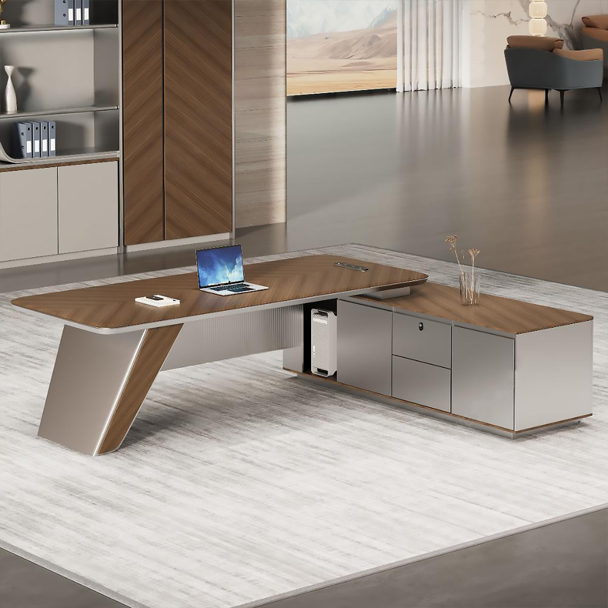 Orren Ellis 94.49"Modern administrative L-shaped walnut-coloured ...