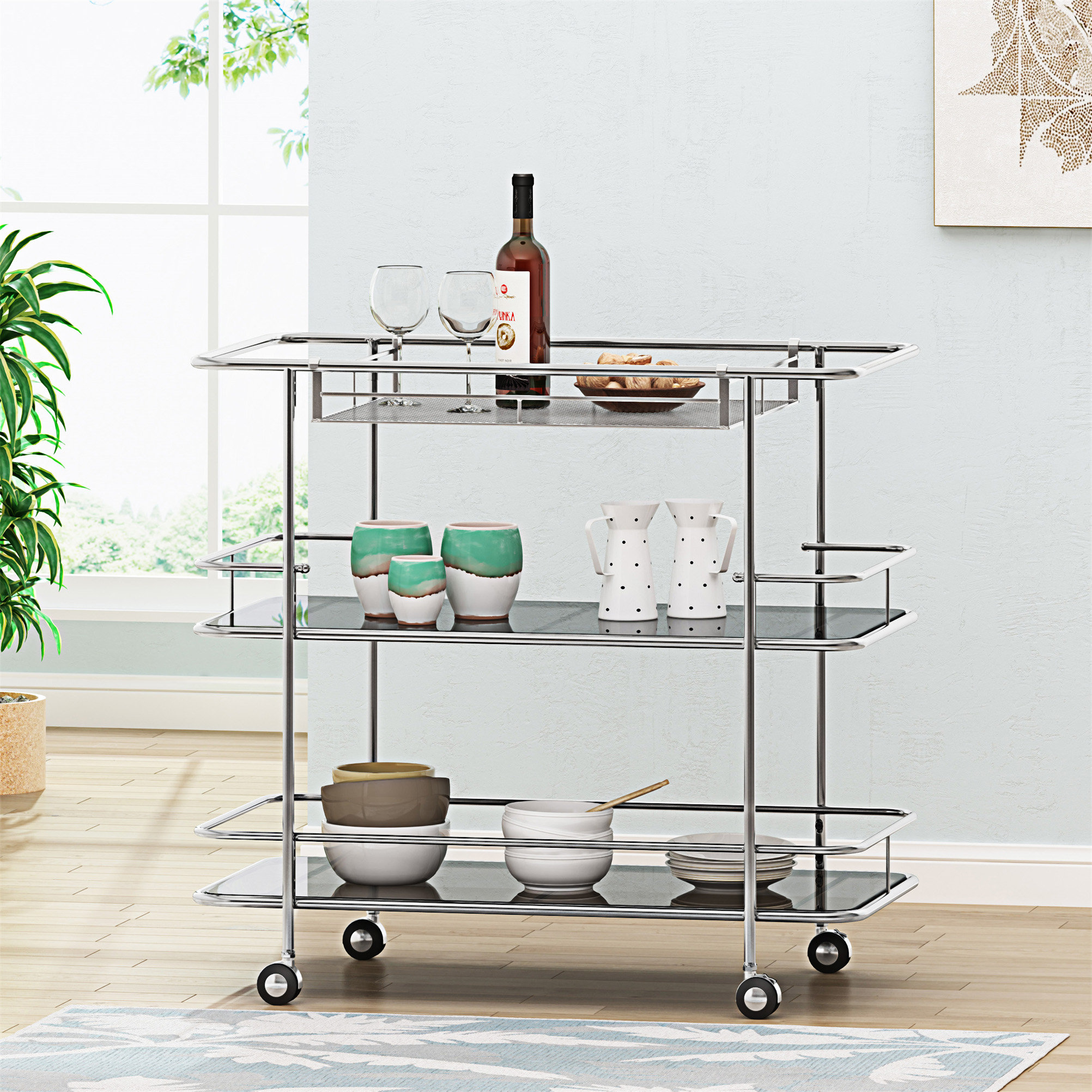Prep & Savour Metal Bar Car With Glass,rolling kitchen island,kitchen ...