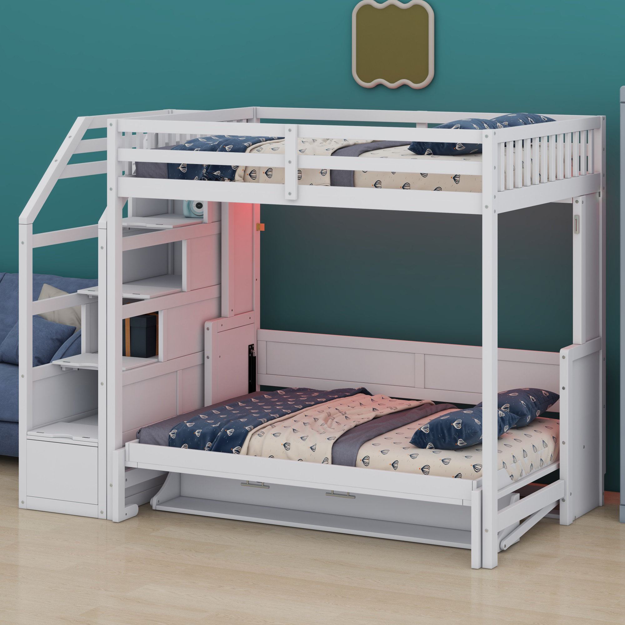 Harriet Bee Loft Bed With Storage Staircase And Murphy Bed, With LED ...