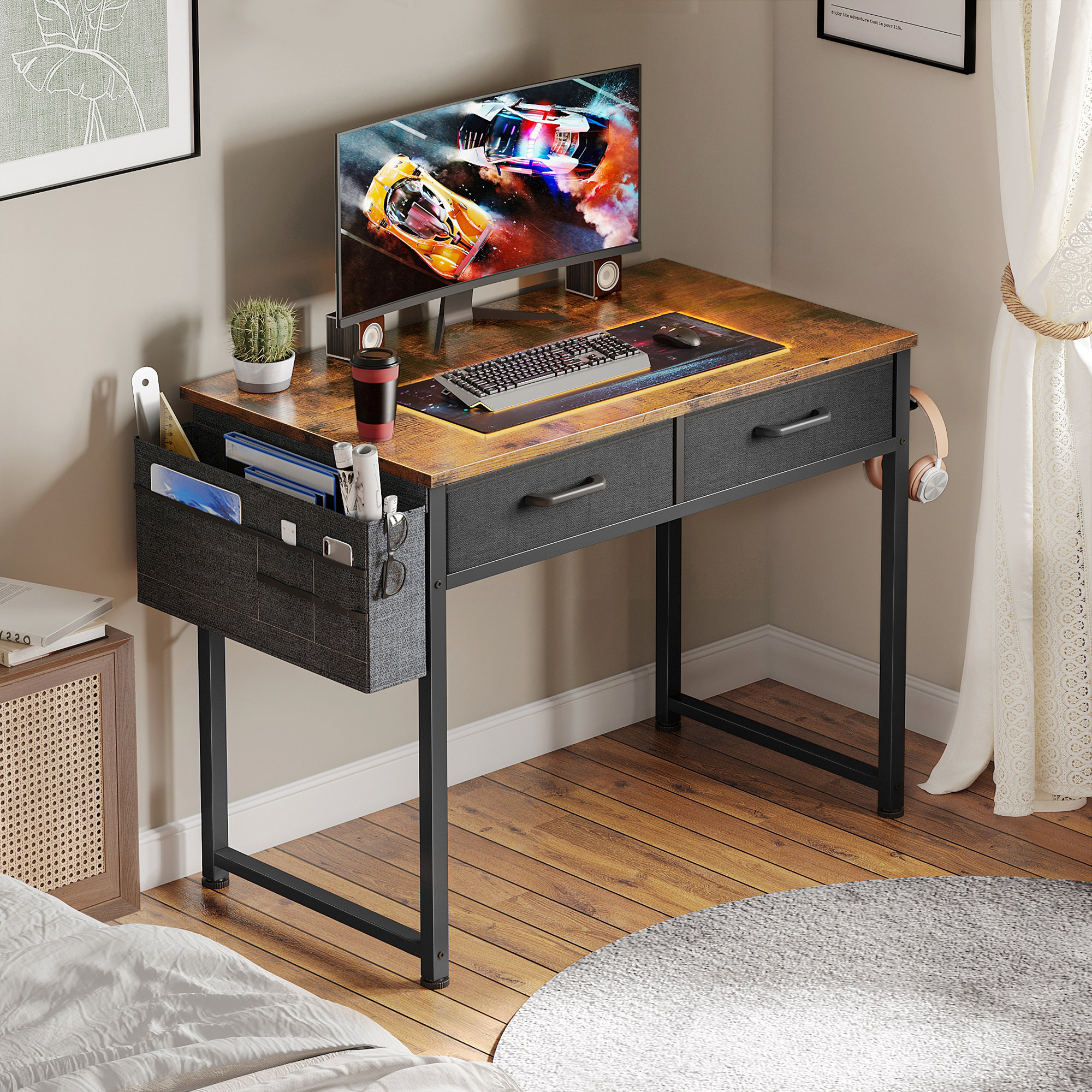 Ebern Designs Writing Desk With Two Drawers, Small Desk With Iron Hook ...
