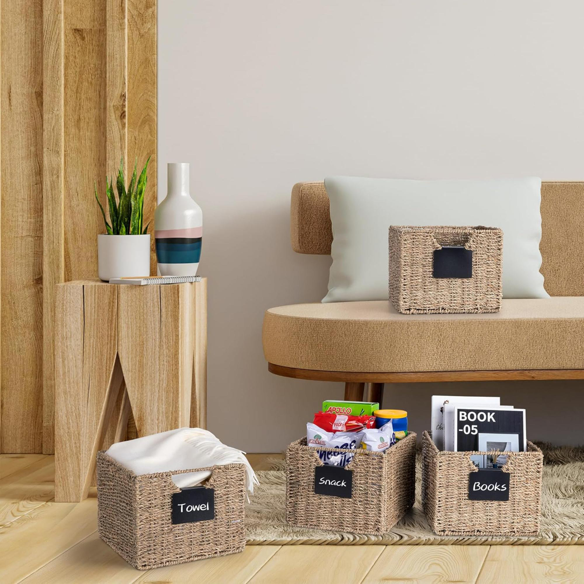 Highland Dunes Seagrass Storage Baskets With Labels, Wicker Storage ...