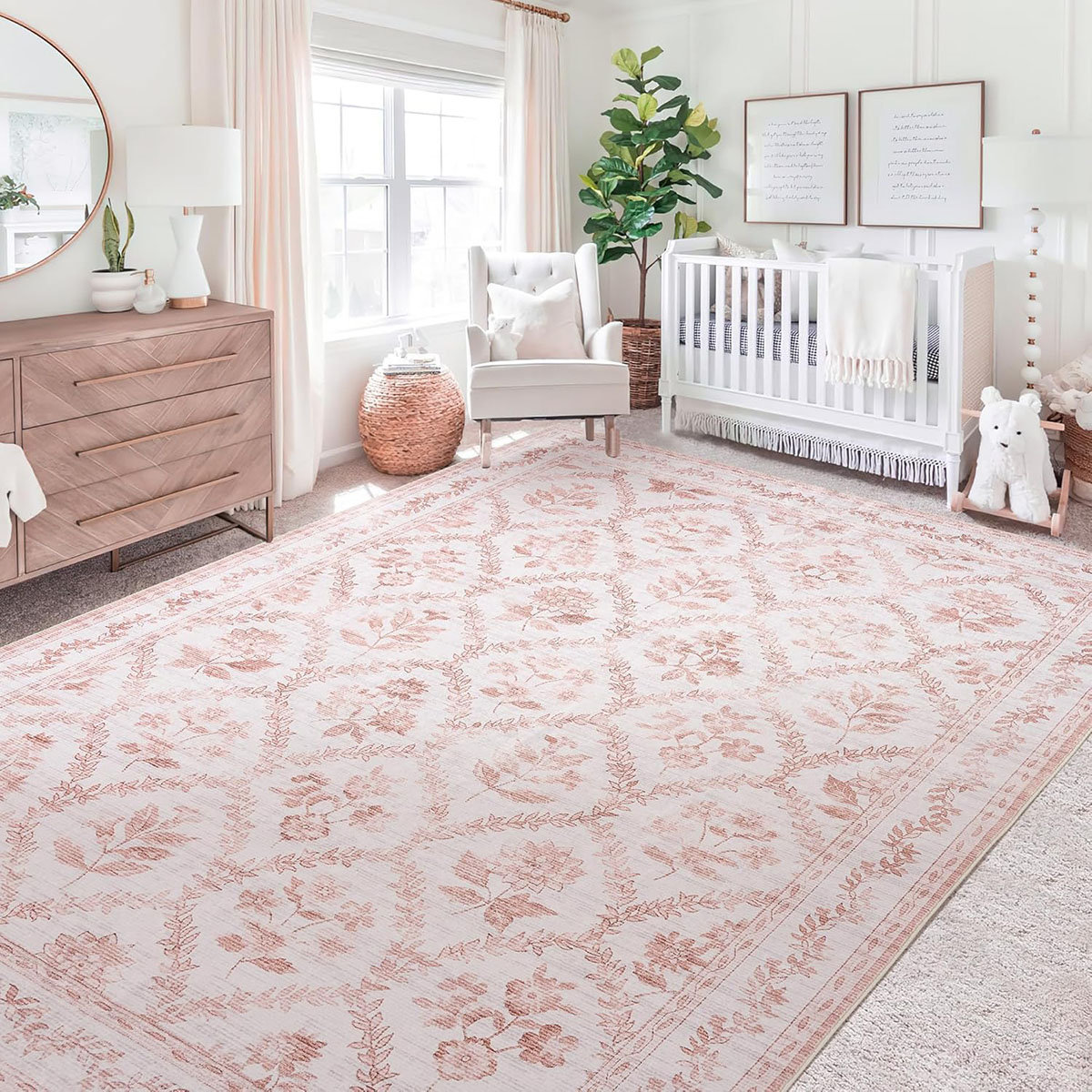 House of Hampton Pink Rugs For Bedroom Boho Light Blush Pink Floral ...