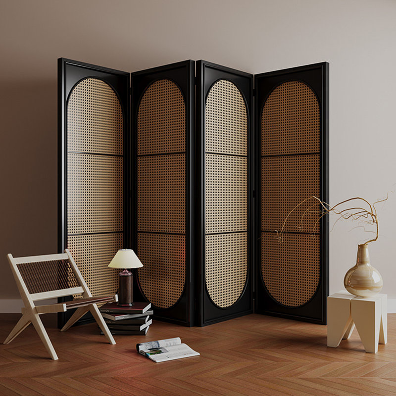 abodeappeal 74.80" Black Rectangular Solid Wood;Rattan Room Dividers ...