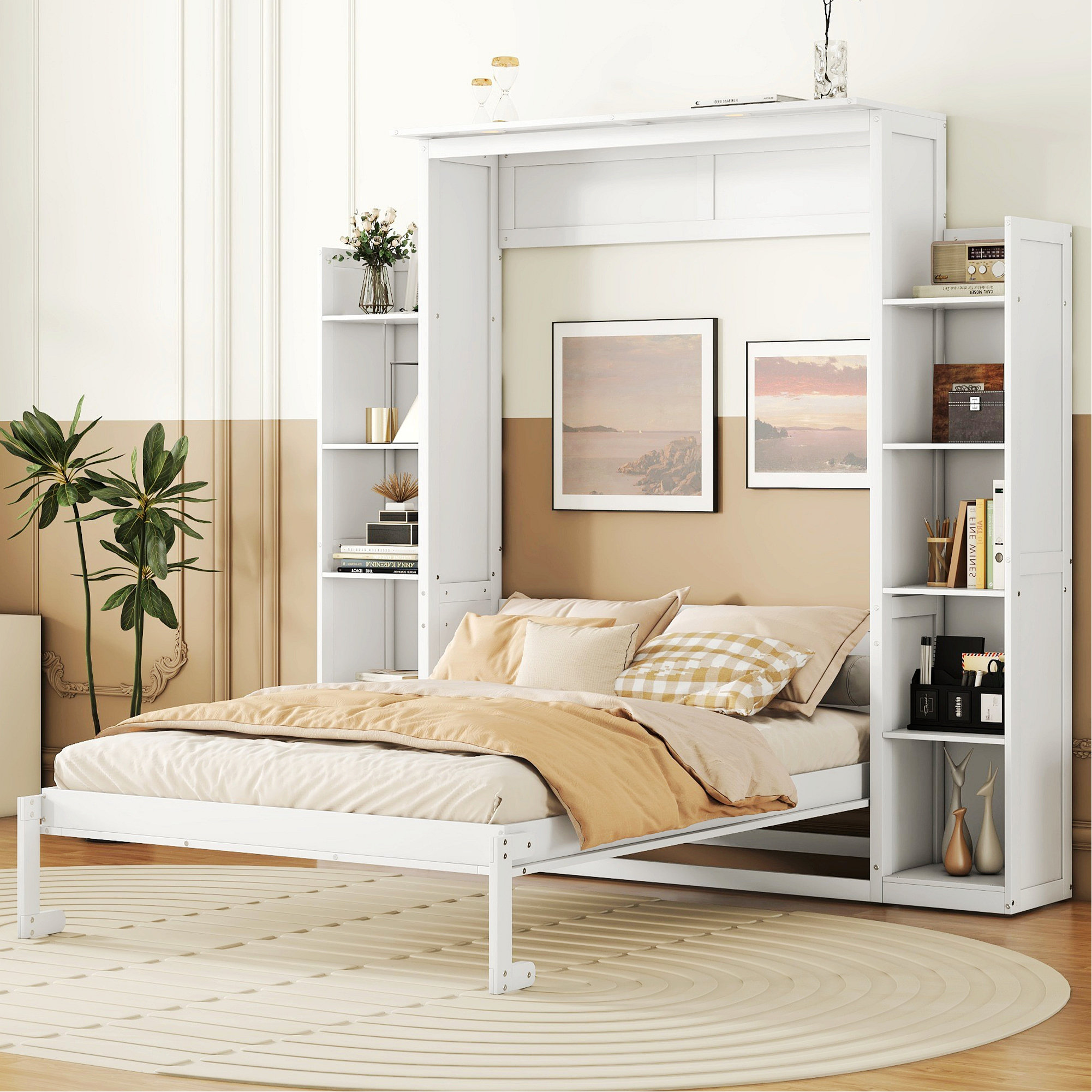 Hokku Designs Murphy Bed Wall Bed with Shelves and LED Lights | Wayfair