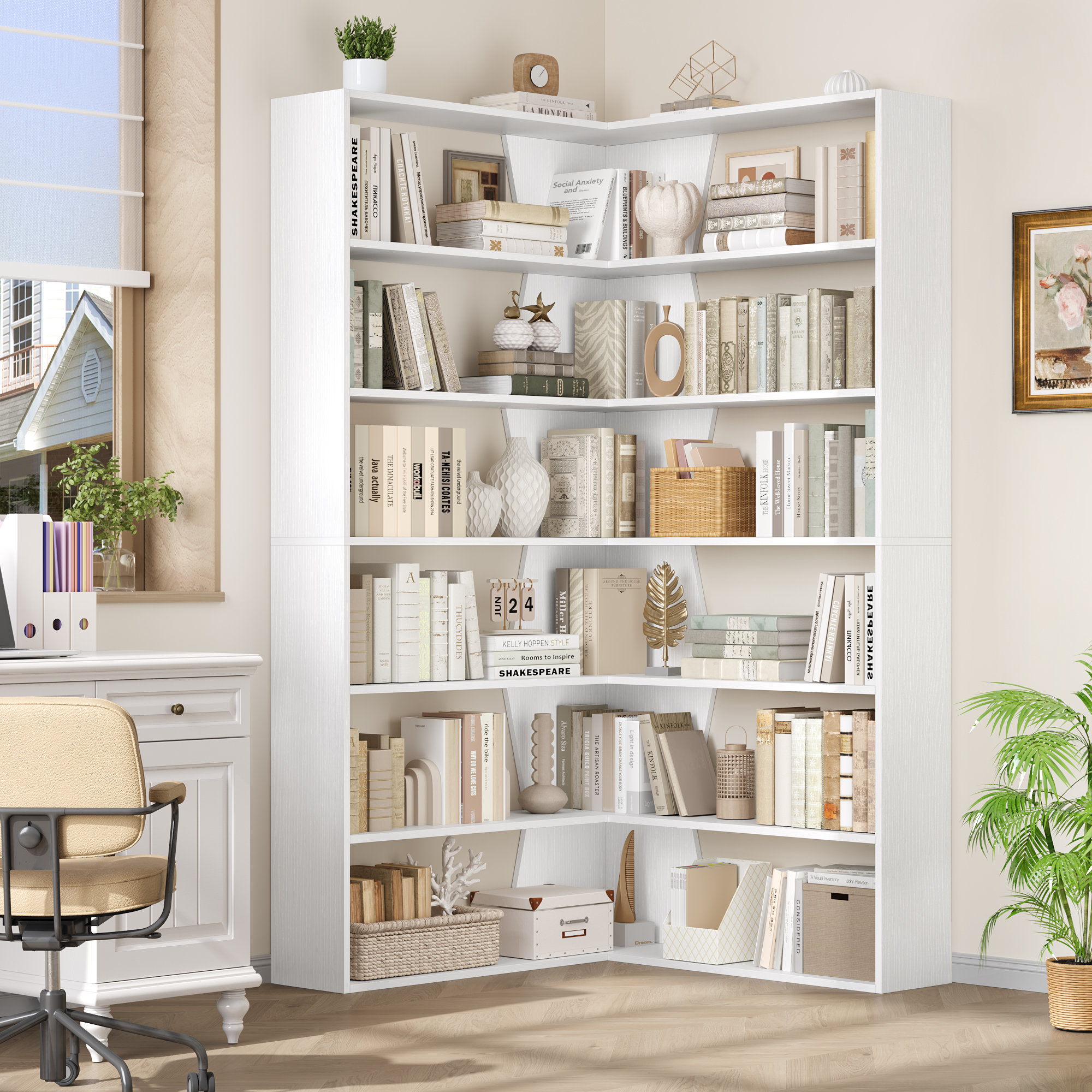 Millwood Pines Farmhouse Bookshelf Corner Bookcase 75” Large Bookcase ...