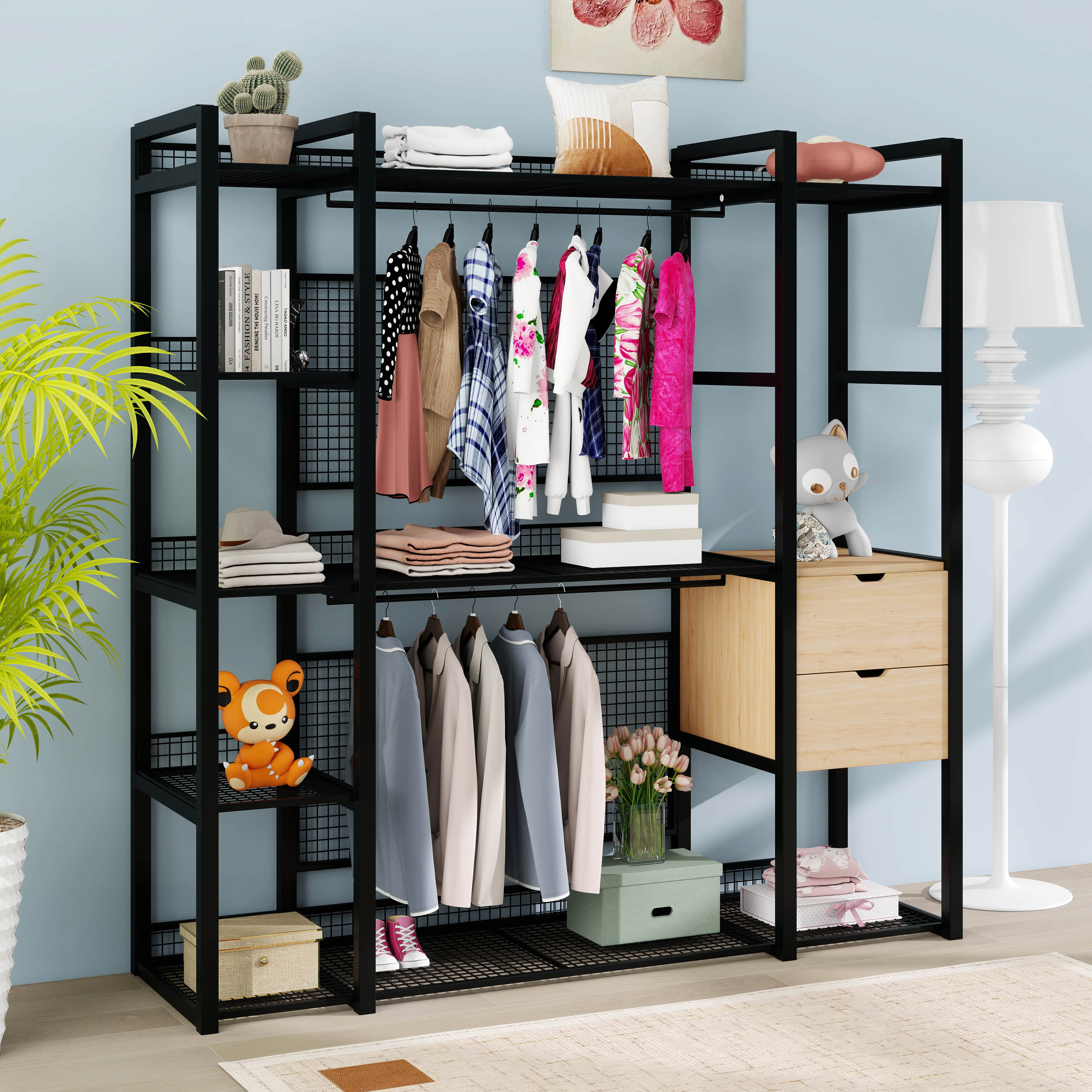 17 Stories Open-Style Wardrobe With Hanging Rails, Shelves, Clothing ...