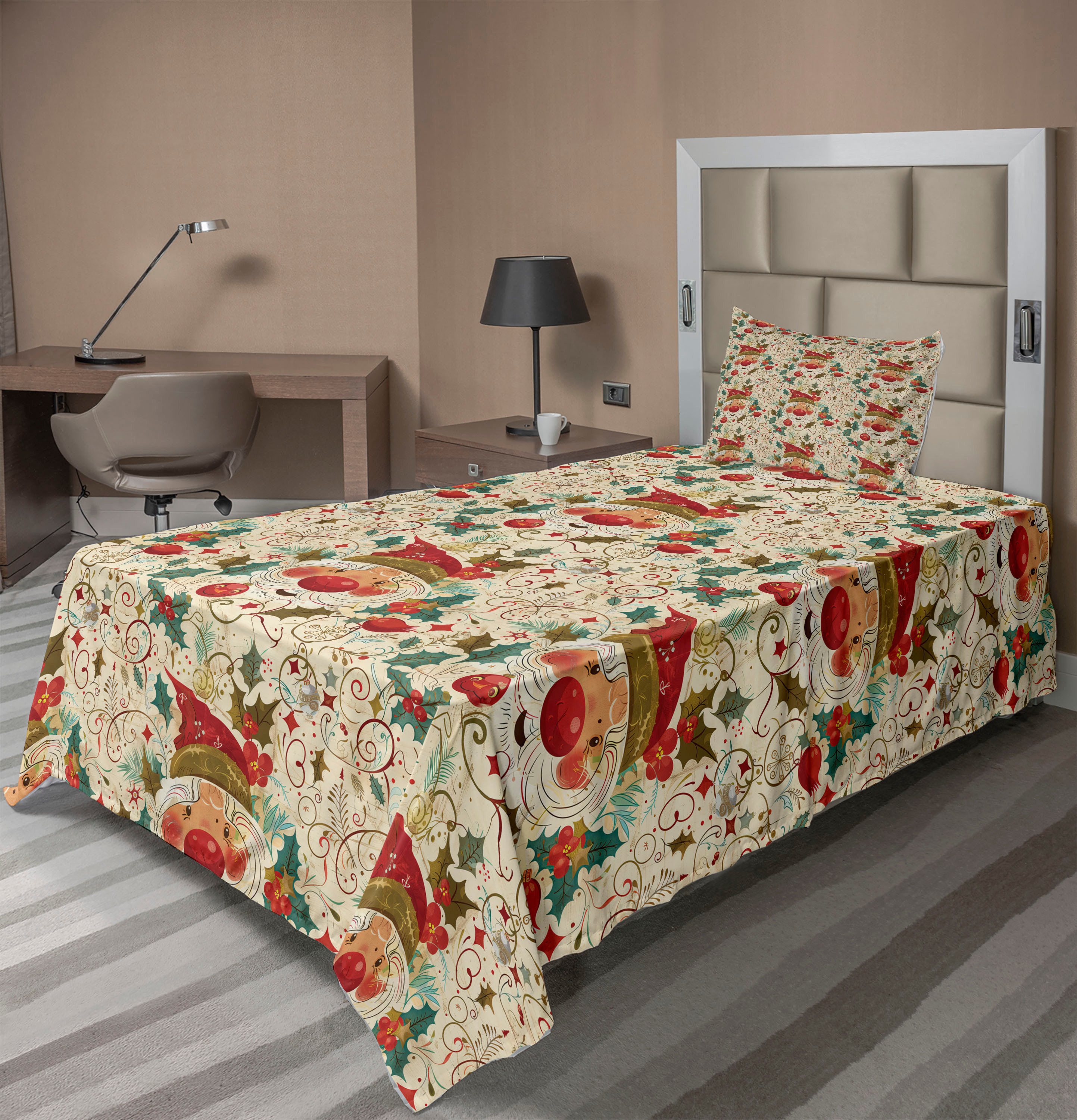Ambesonne Christmas Sheet Set Vintage Santa Claus Art Beige Ruby and ...