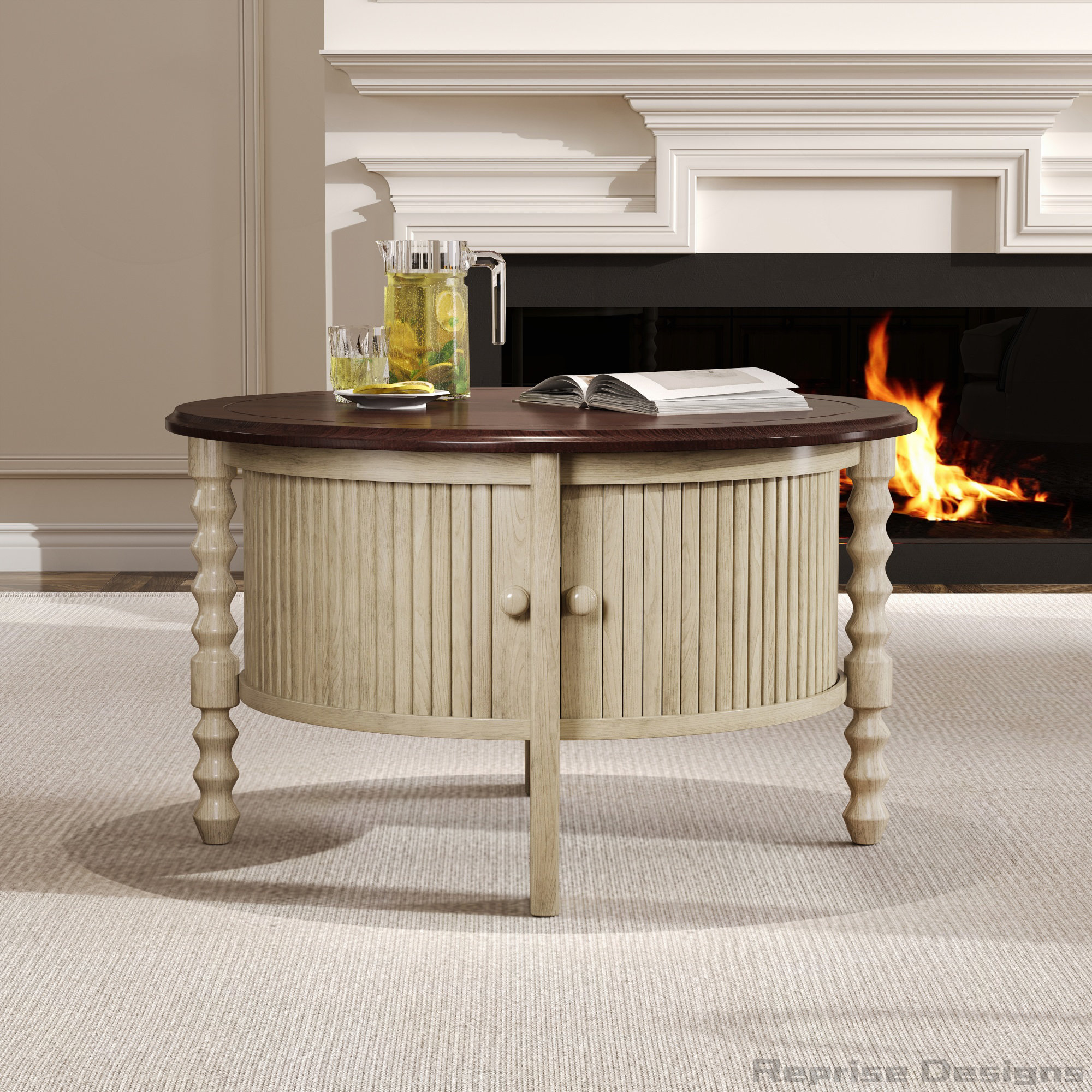 Reprise Designs Vintage Round Coffee Table with Hidden Sliding Door ...