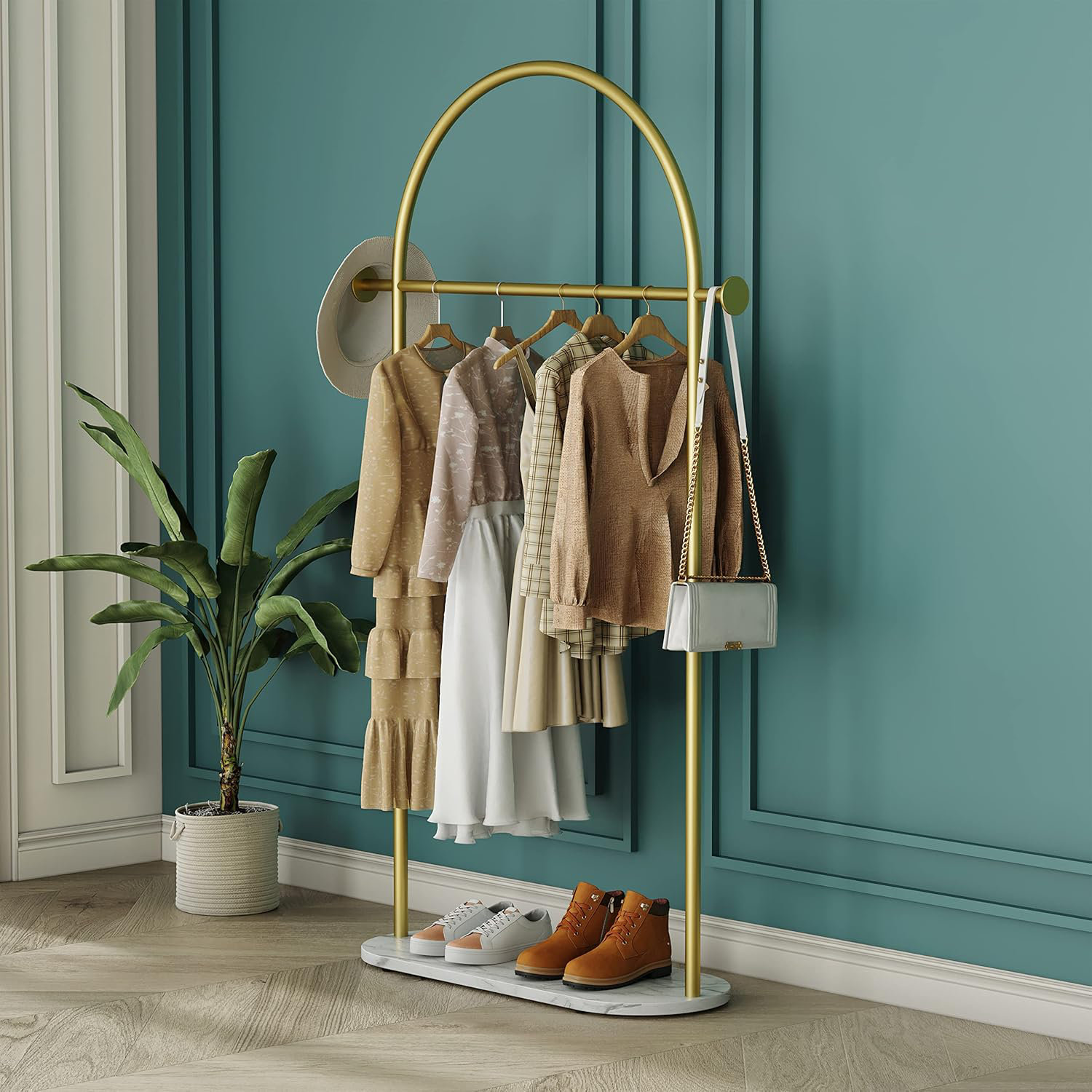 Everly Quinn Gold Clothing Rack, Modern Clothes Rack with Marble Base ...