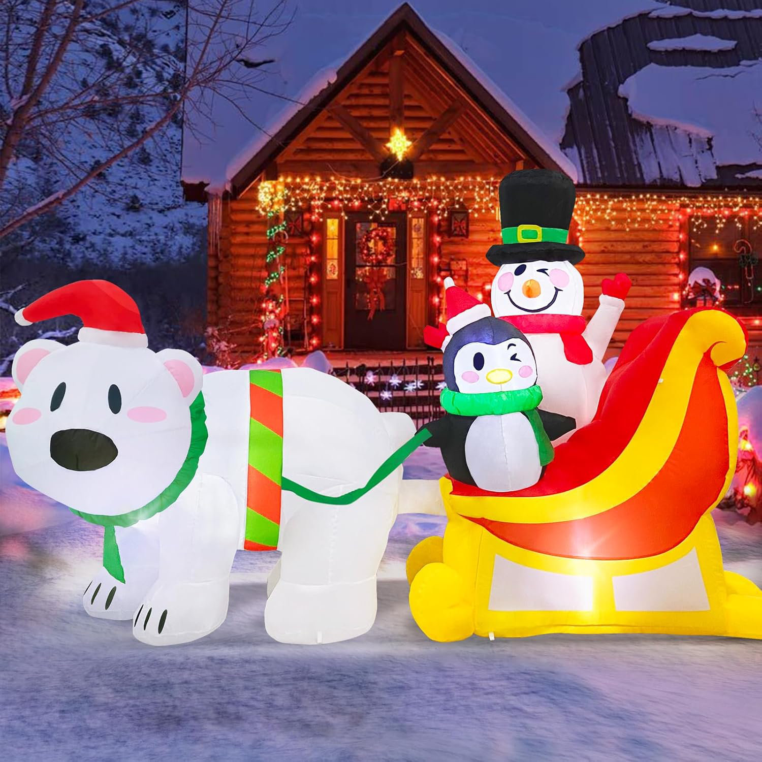 The Holiday Aisle® 7 FT Long Christmas Inflatables Snowman & Penguin On ...