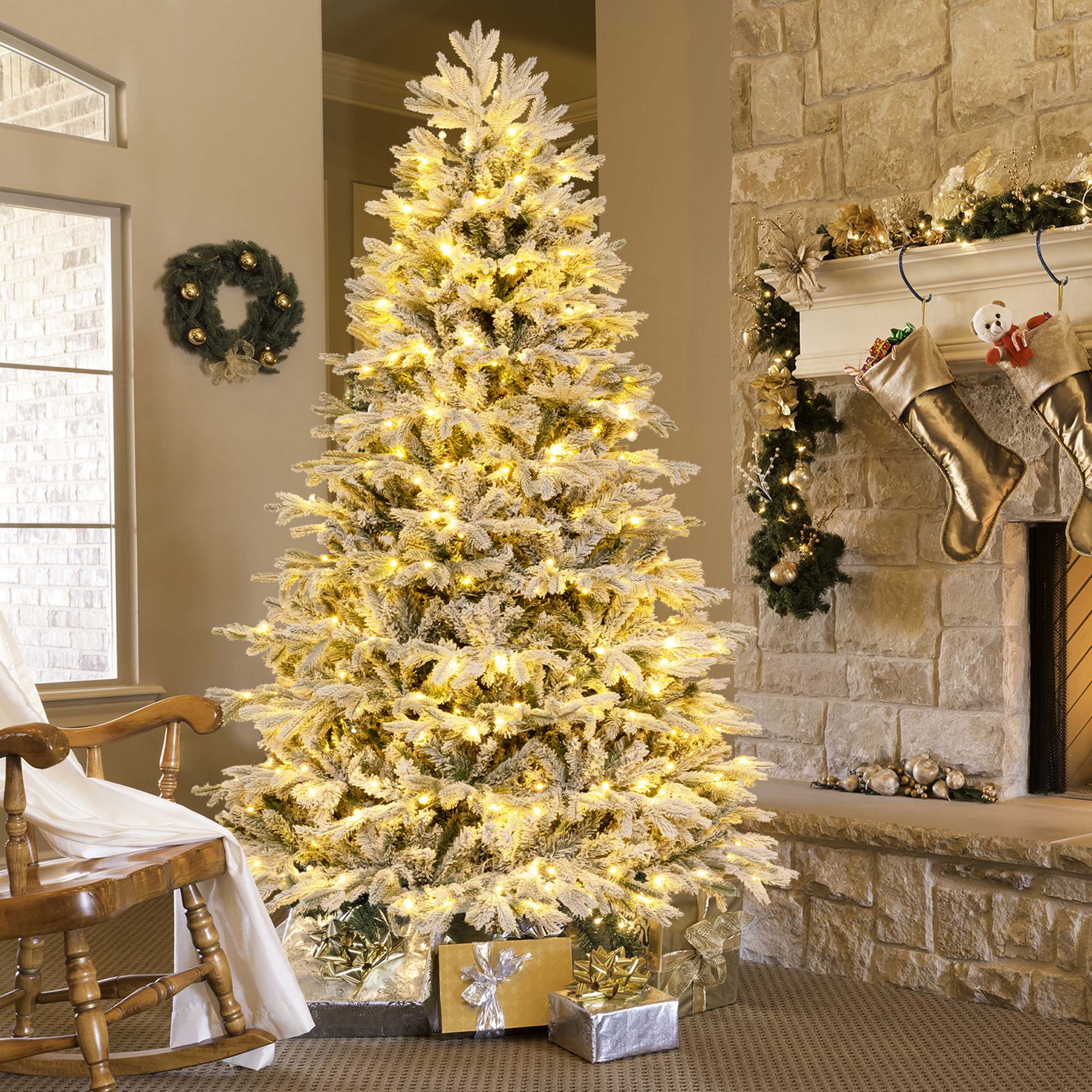 The Holiday Aisle® 7 Ft Pre-lit Christmas Tree Snow Flocked Hinged Xmas ...