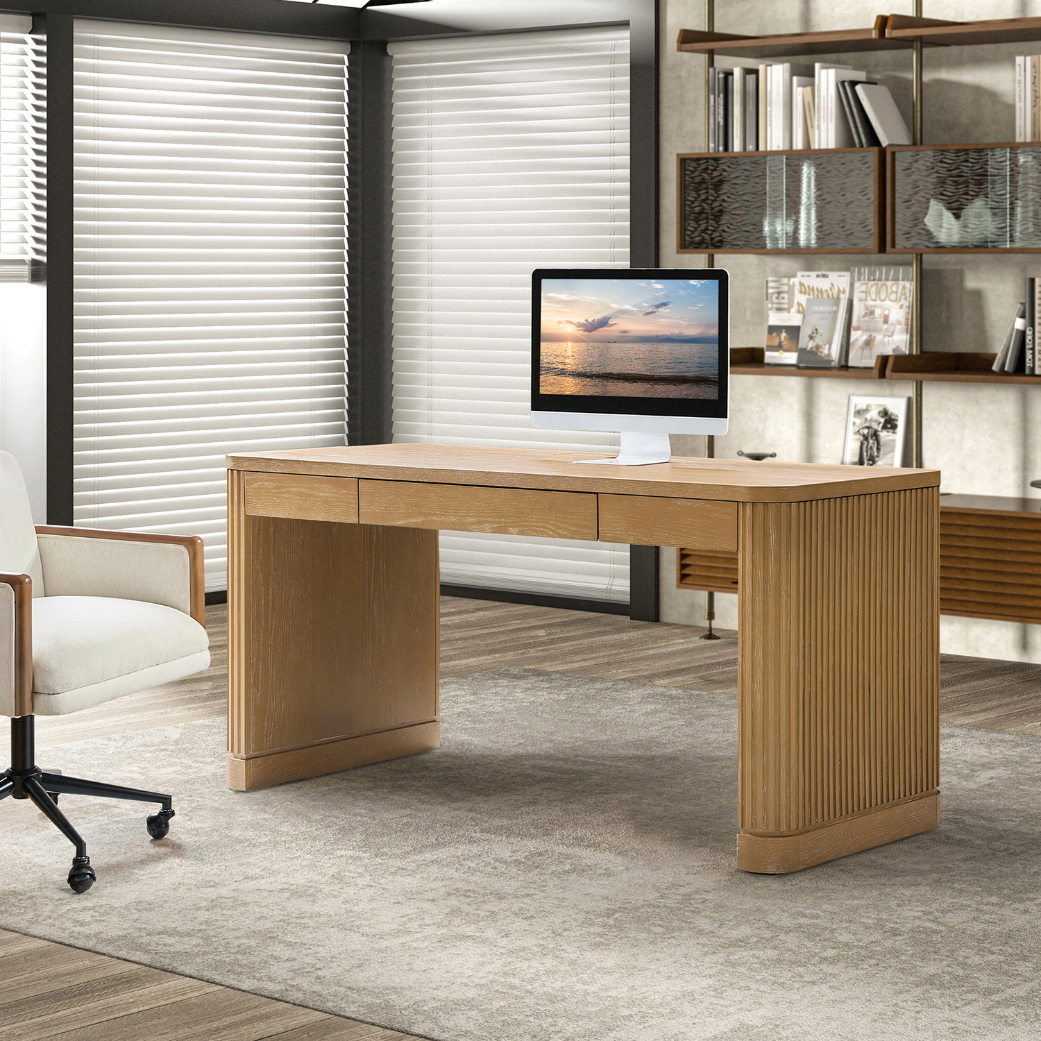 Latitude Run® Kaybri Aranza 60”Solid Wood Base Fluted Desk With Cable ...