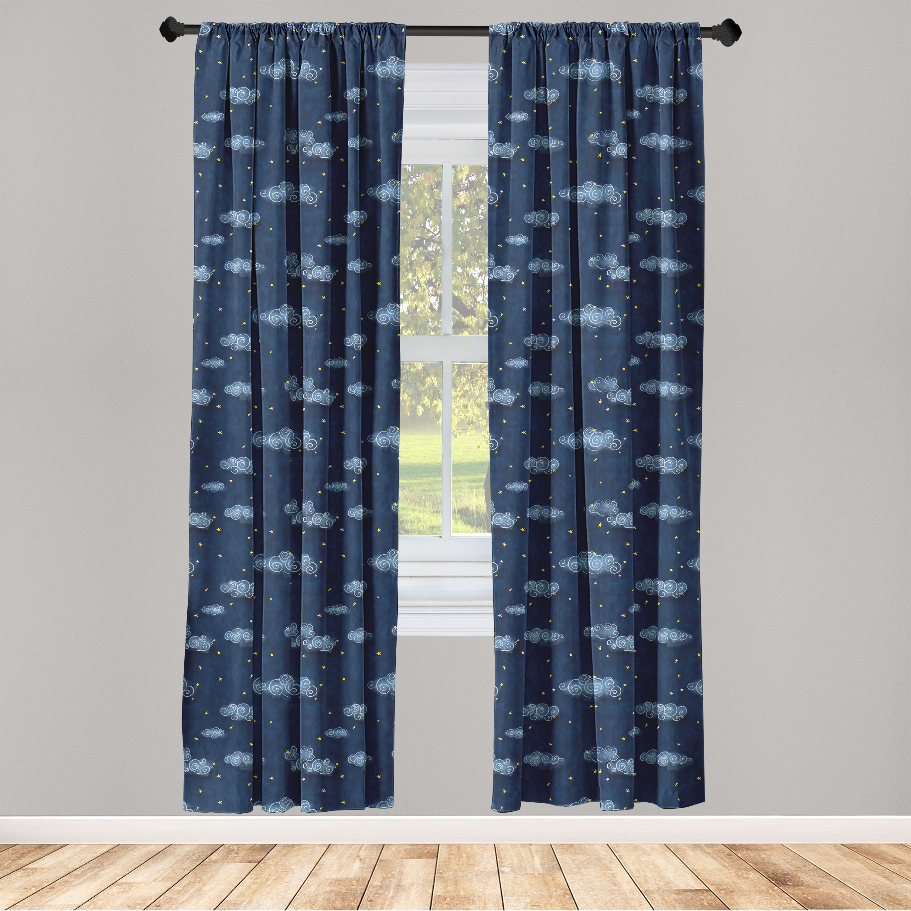 Ambesonne Night Curtains Japanese Swirly Clouds Stars Pair of Dark Sky ...