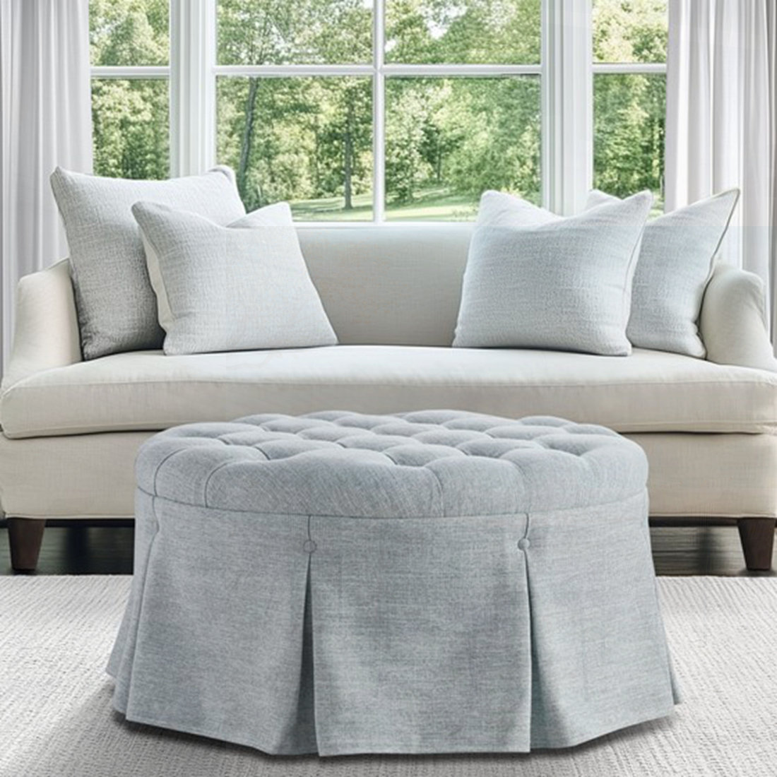 Red Barrel Studio Skirted Tufted 32 Inch Round Ottoman with Elegant ...