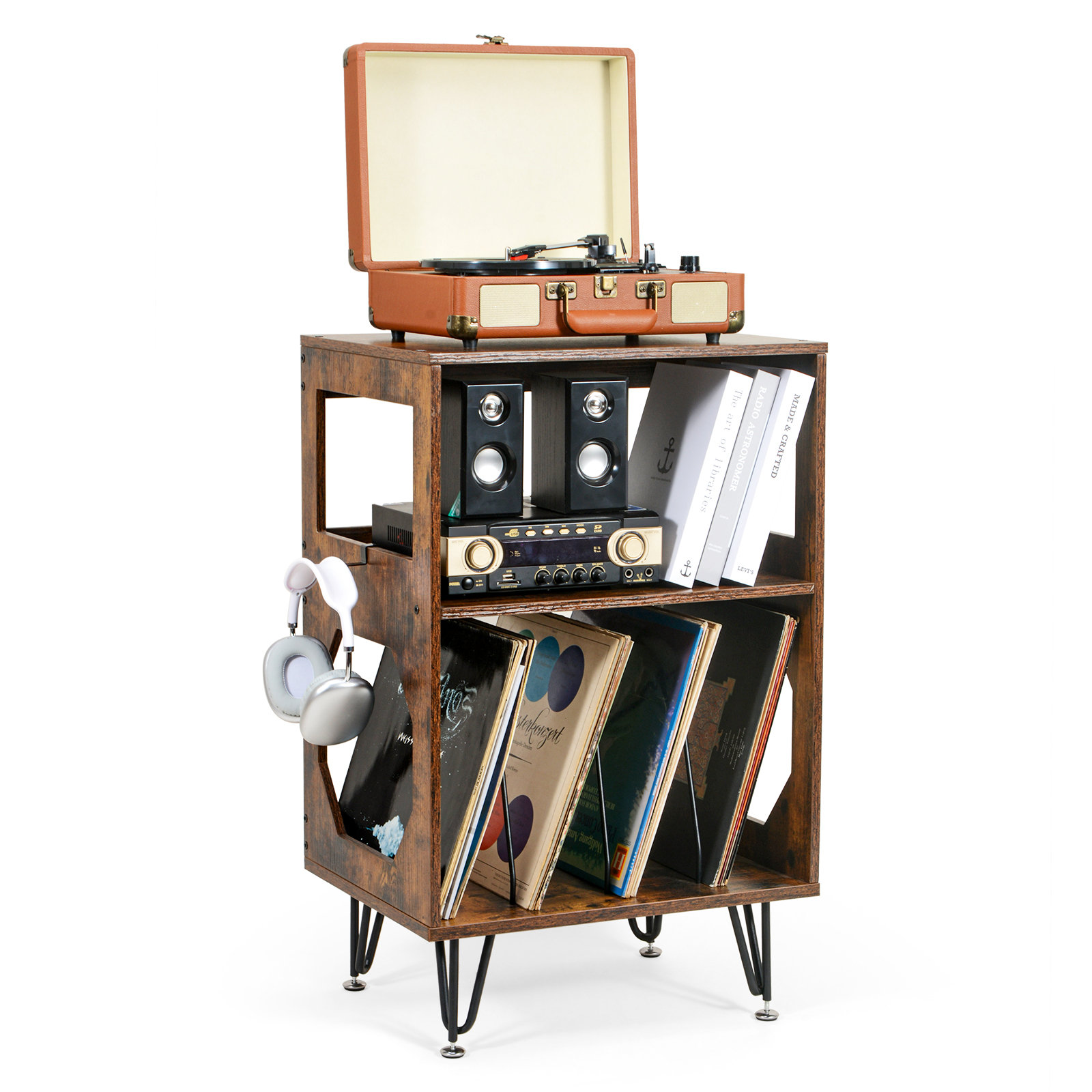 17 Stories Rustic Record Player Stand, End Table With Record Storage ...