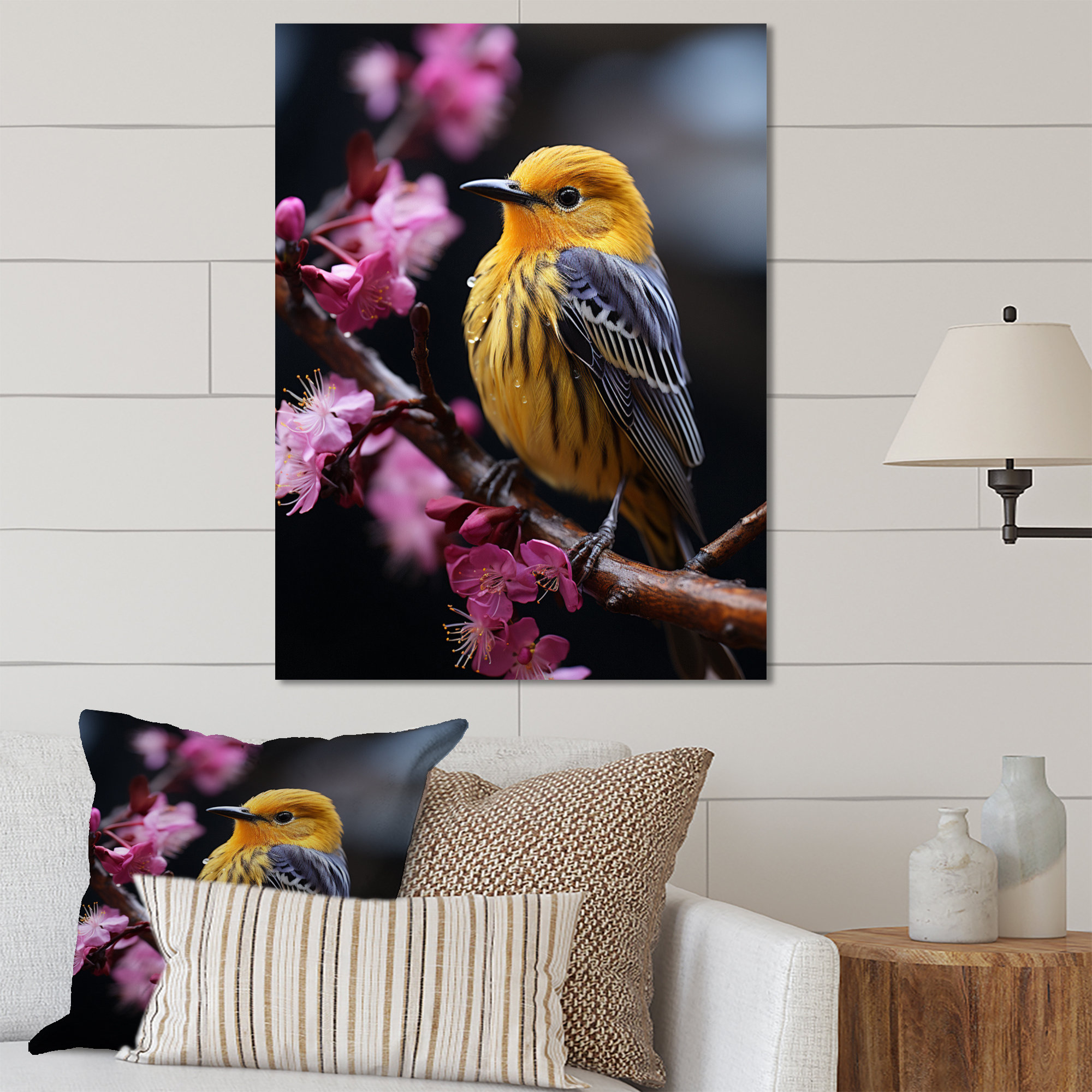 Latitude Run® Yellow Bird On Blossom Cherry IV - Animals Metal Wall Art ...