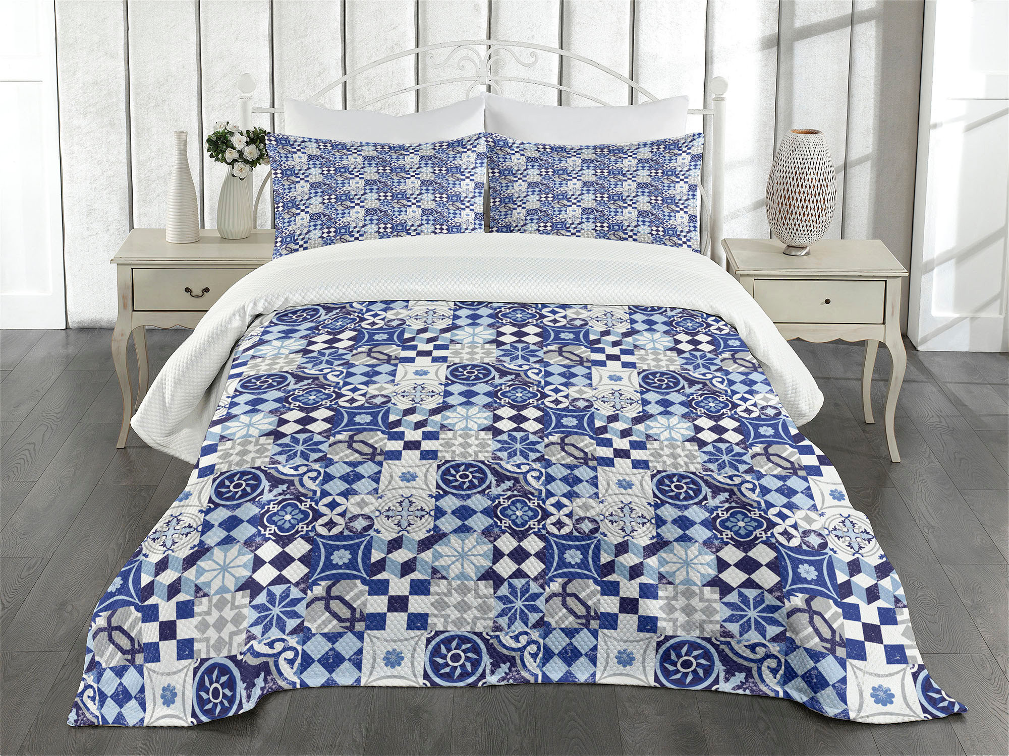 Ambesonne Antique Bedspread Traditional Vintage Mosaic Blue Navy Blue ...