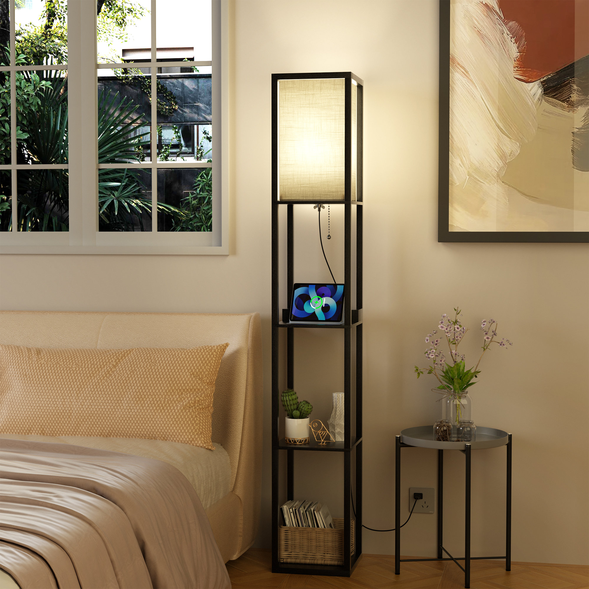 AVV Lampe sur pied 64,1 po avec tablettes, recharge sans fil, ports USB ...