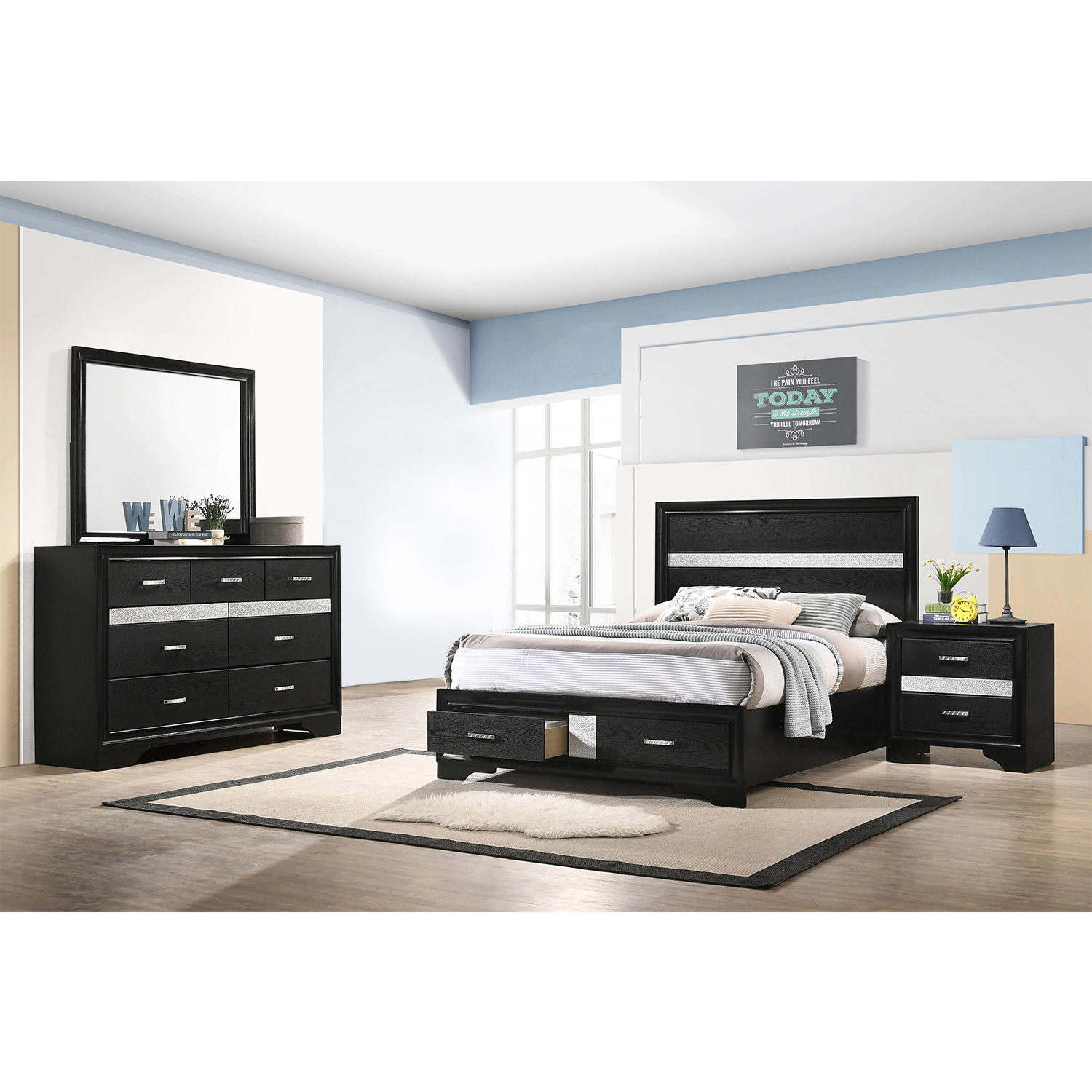 House of Hampton® 4 Piece Wooden Full Bedroom Set In Black | Wayfair