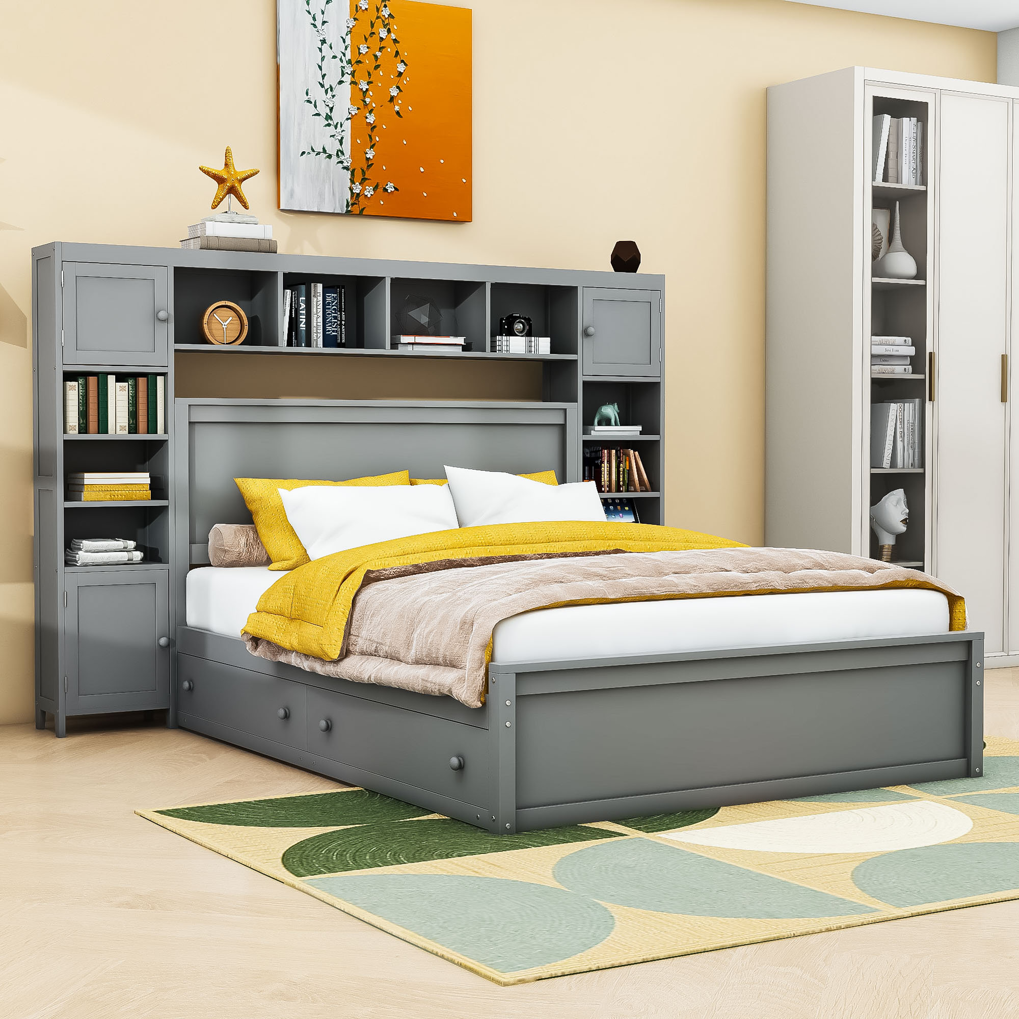 Lark Manor Queen 4 Drawers Wood Bed with Built-in Sockets, Storage ...