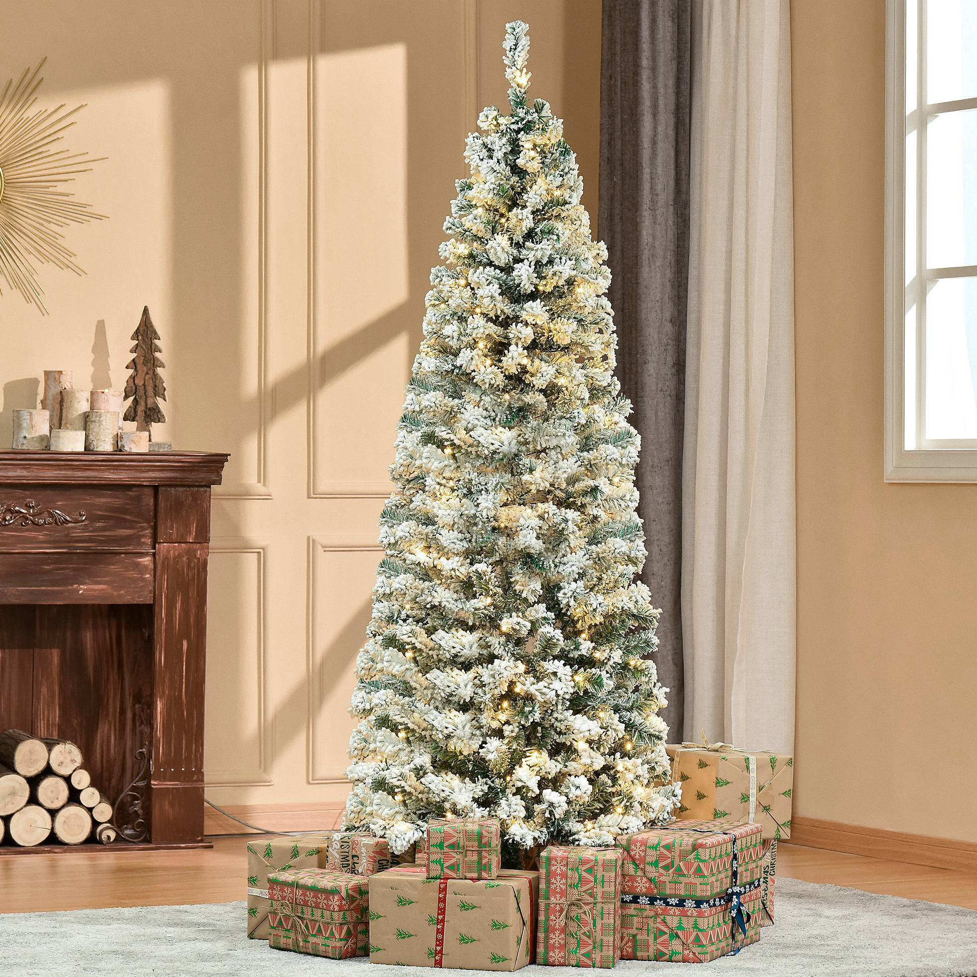 Alcott Hill® Pre-Lit Snow-Flocked Slim Douglas Fir Artificial Christmas ...