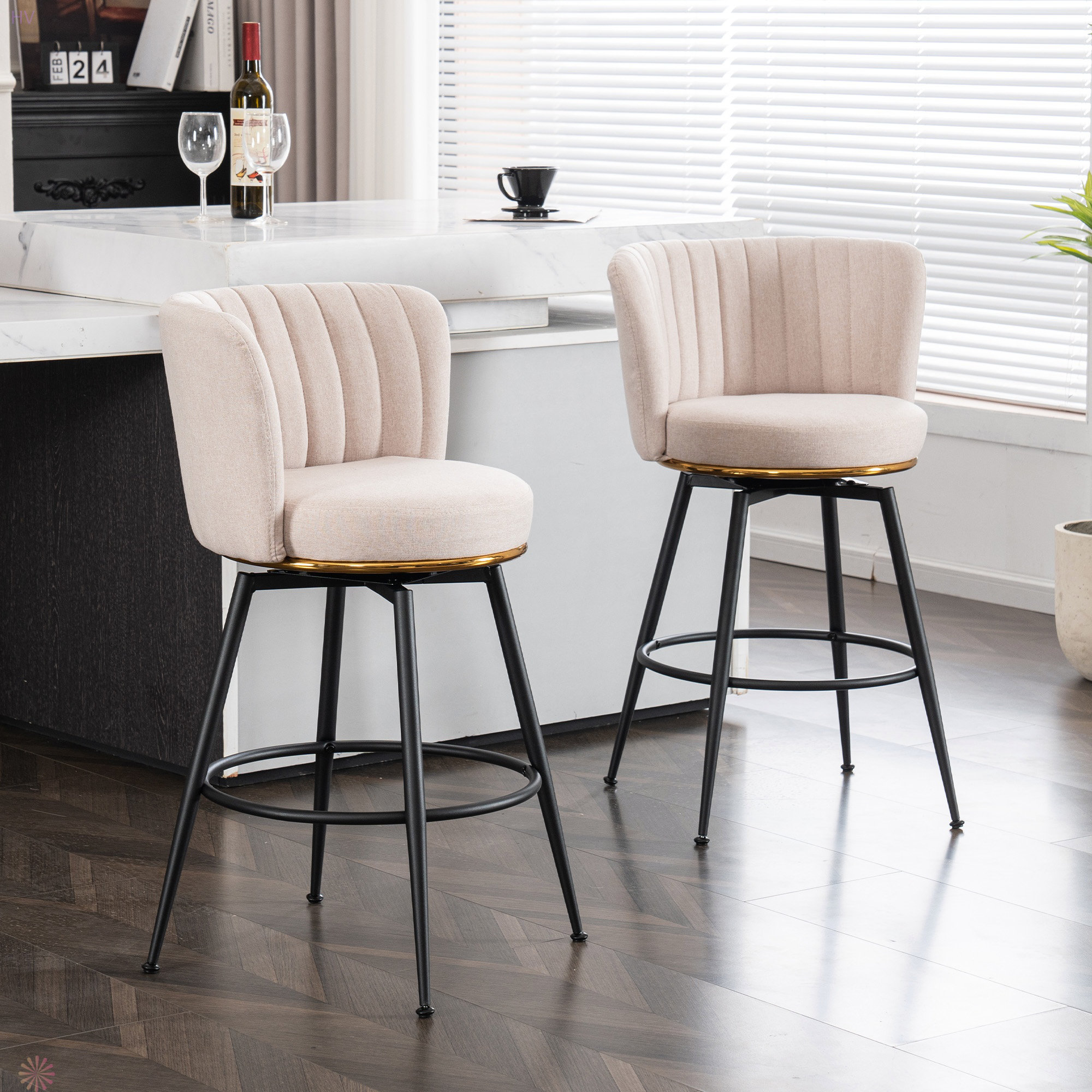 Mercer41 Set Of 2 Beige Swivel Bar Stools - High-Back, Adjustable ...