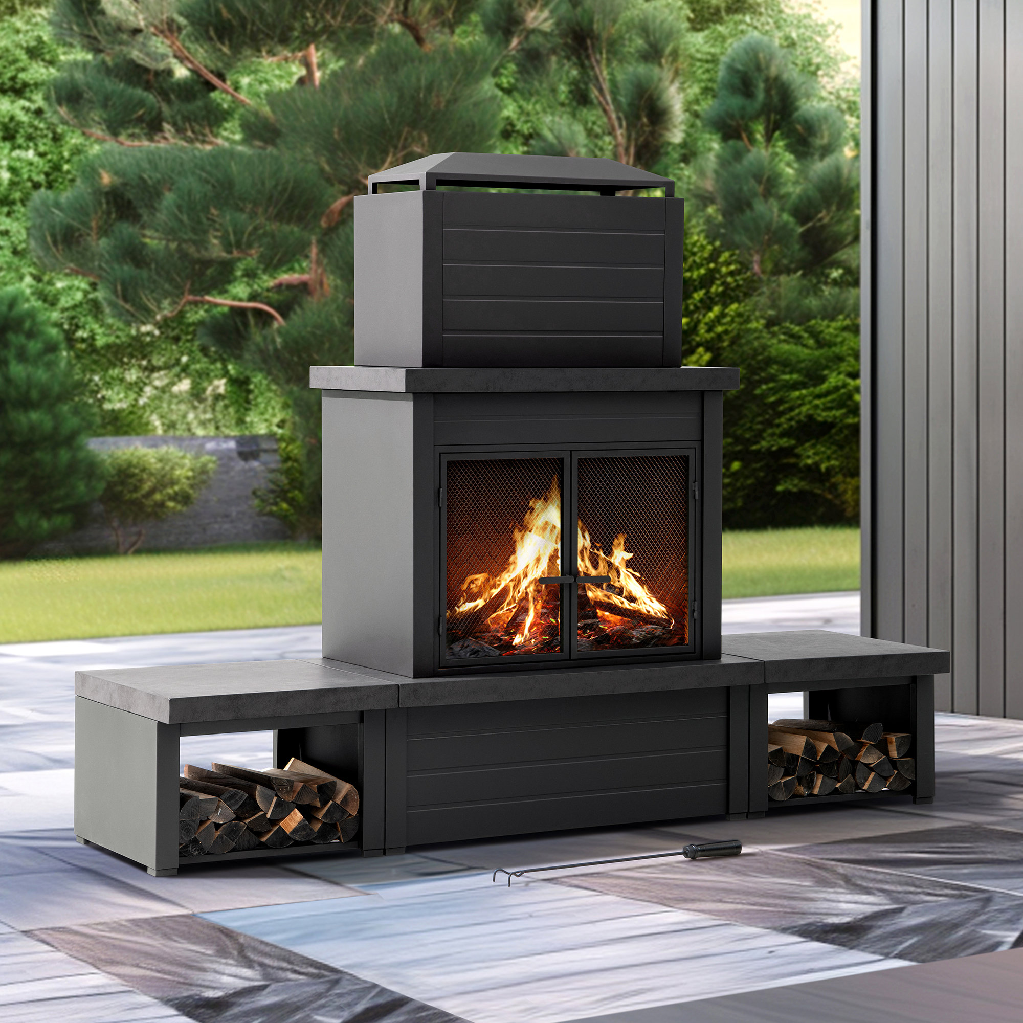 Sunjoy Outdoor Fireplace, Patio Wood Burning Steel Fireplace with ...