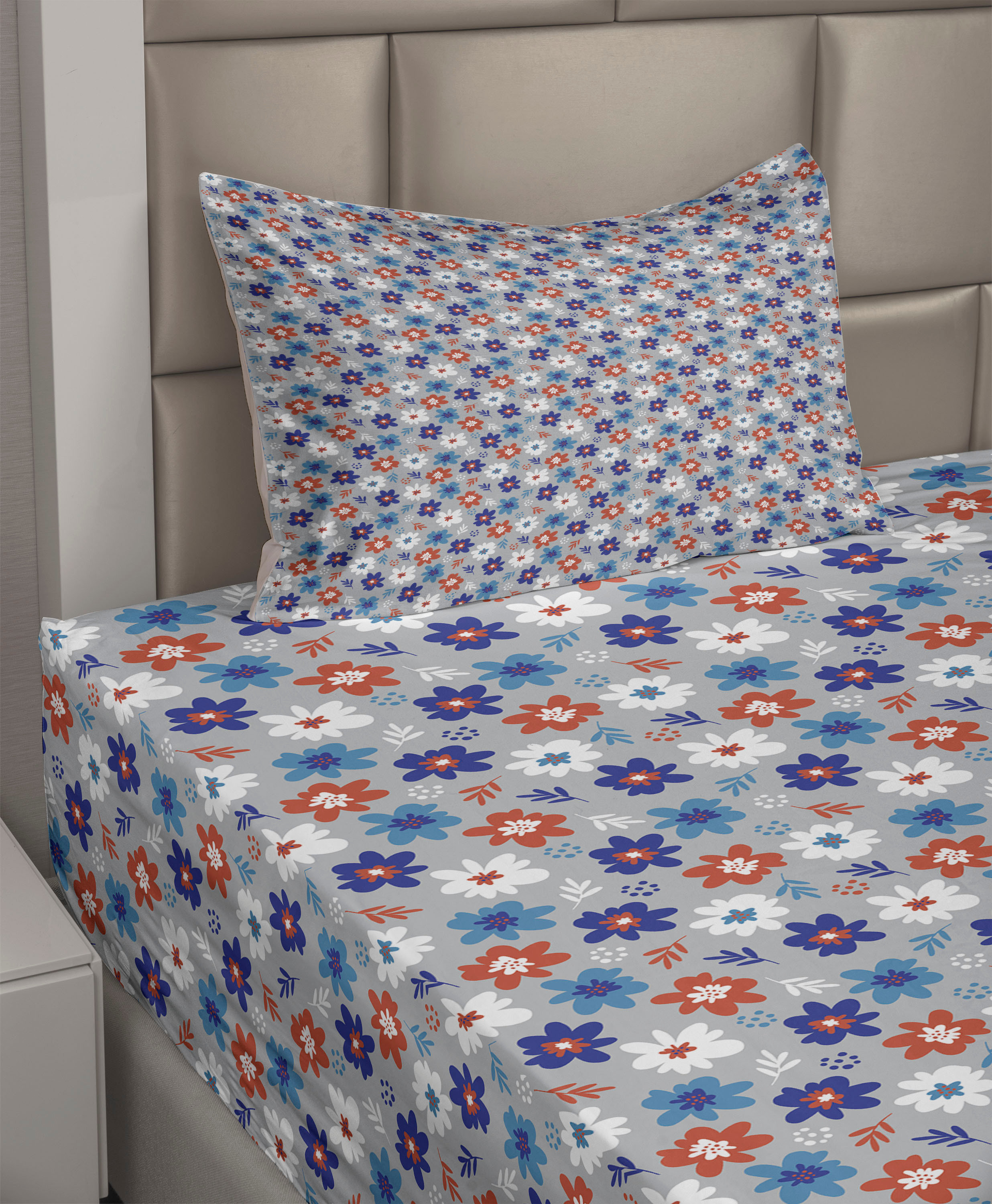 Ambesonne Floral Sheet Set Retro Simplistic Flowers Art Sea Blue and ...