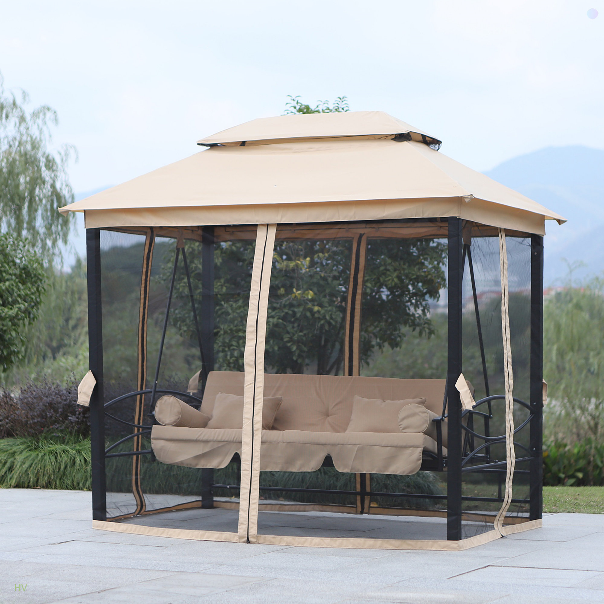 HomeViewto 3-Seat Patio Swing Chair, Outdoor Gazebo Swing With Double ...