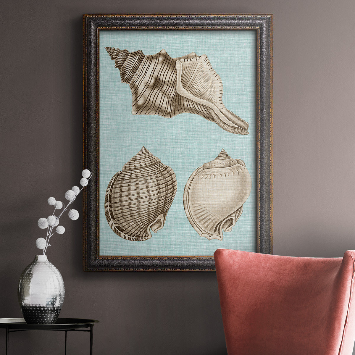 Highland Dunes Sepia & Aqua Shells V Premium Framed Canvas- Ready To ...