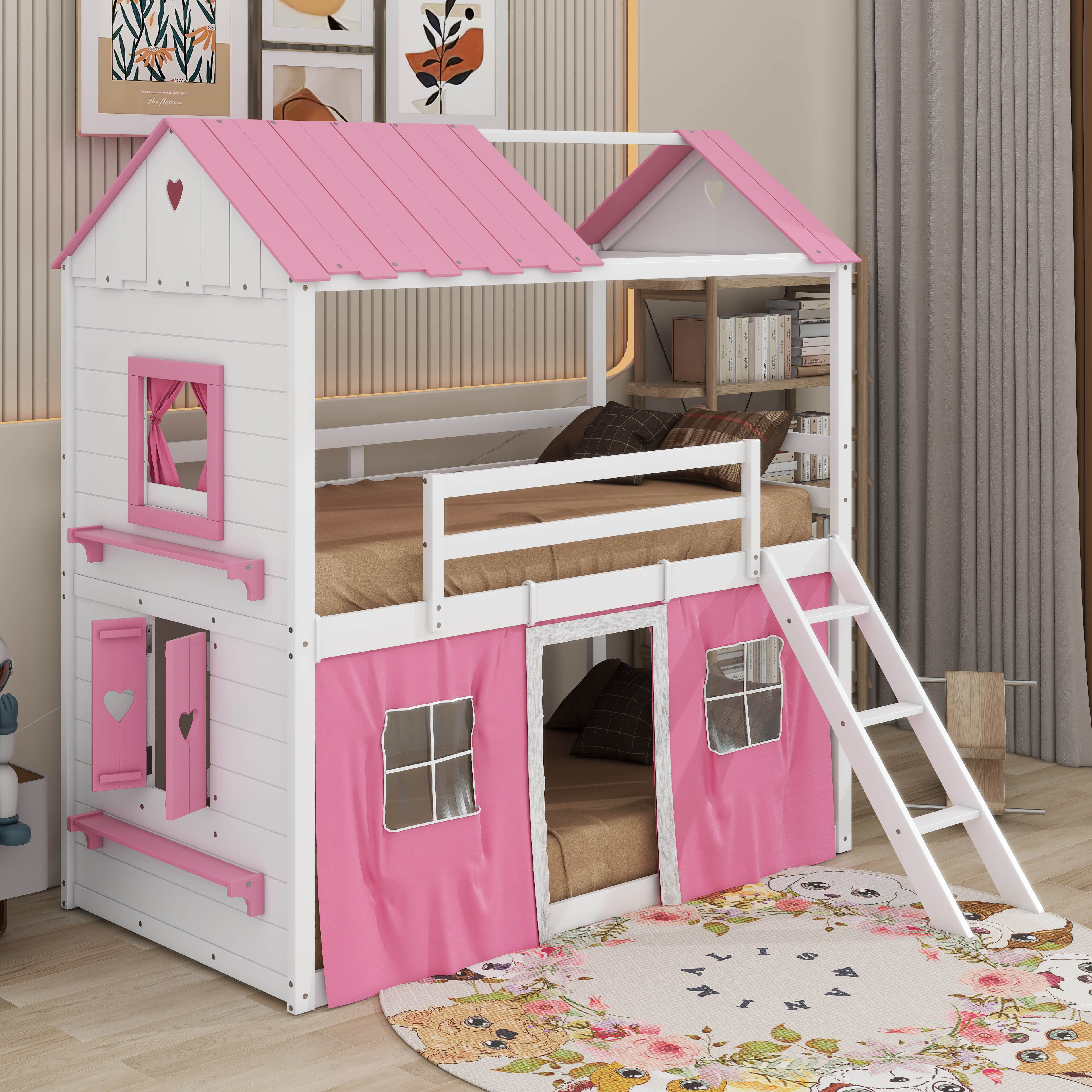 Harper Orchard Wood House Bed With Elegant Windows, Sills And Tent ...