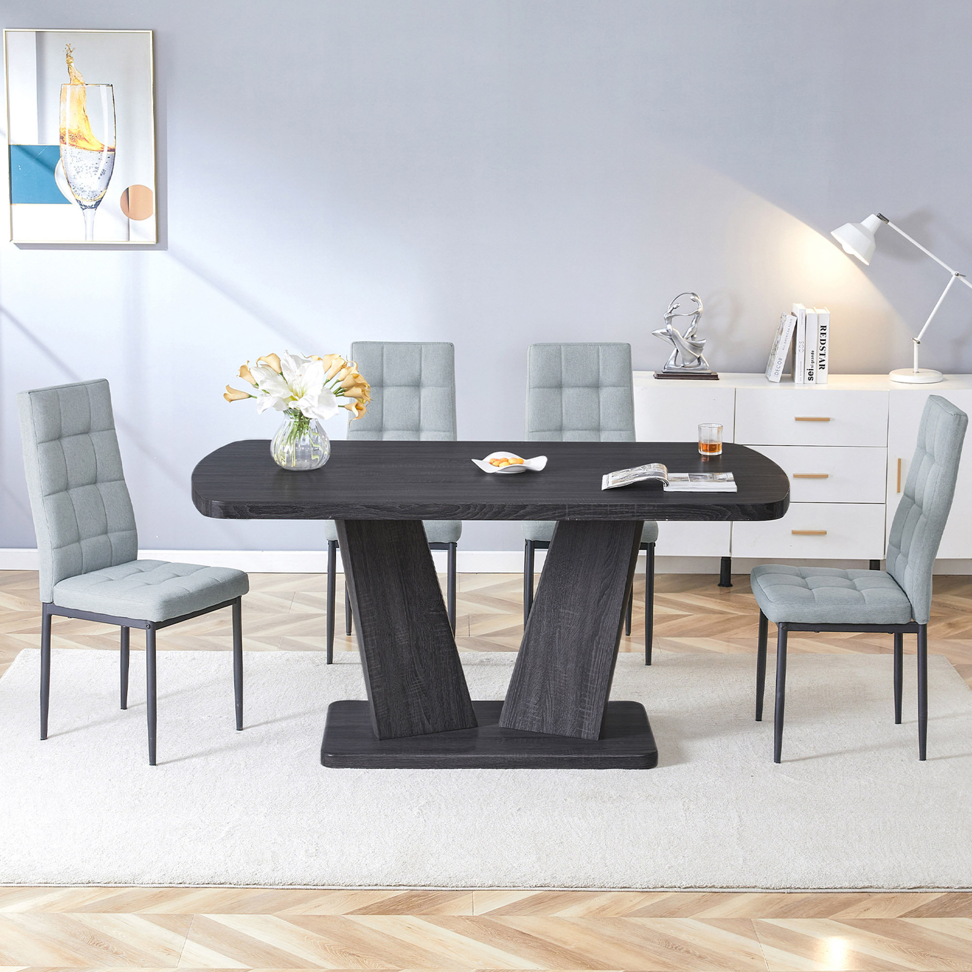 Lark Manor Modern Kitchen Dining Table And Upholstered Dining Chairs ...