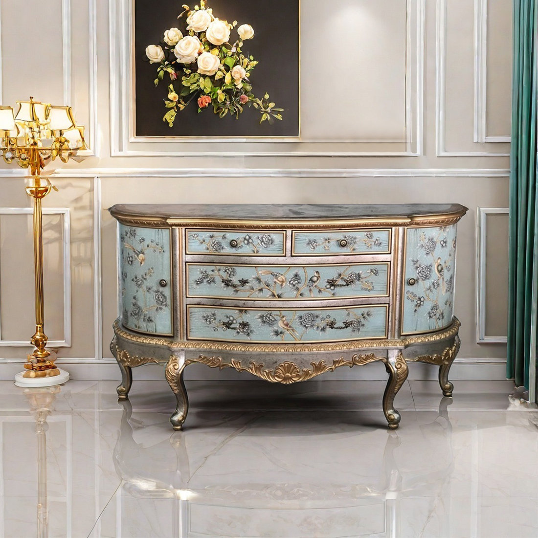 Vivid Space Creation European style painted carved half round sideboard ...