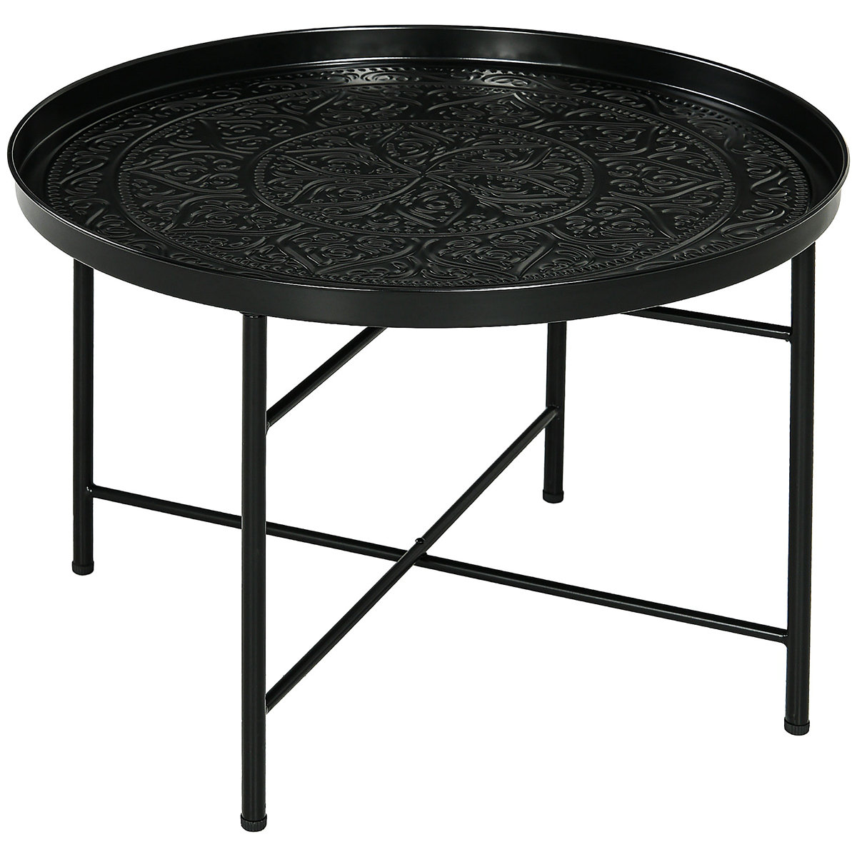 Mercer41 24" Round Coffee Table With Hammered Tray Top, Vintage Metal ...