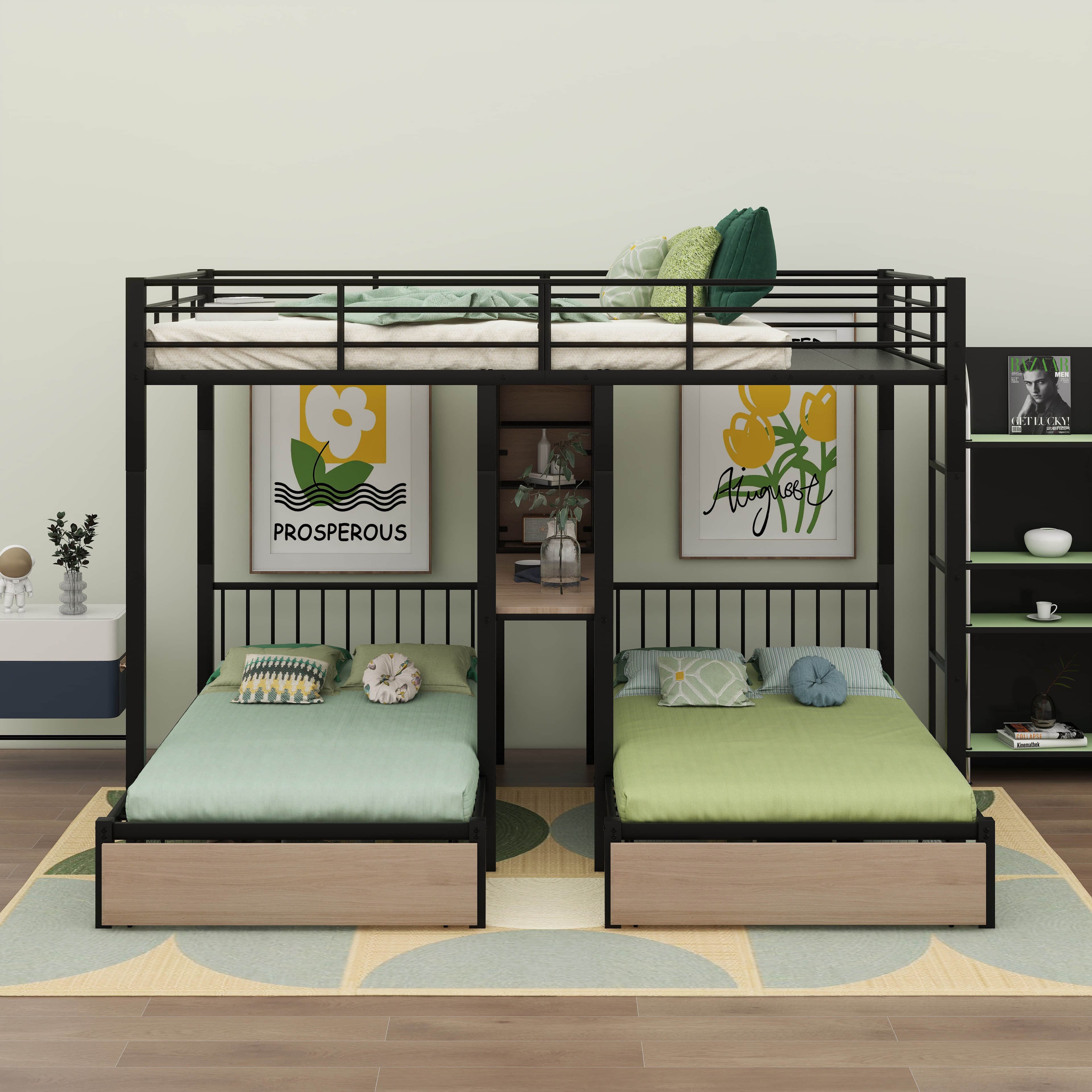 Latitude Run® Full Over Twin & Twin Triple Bunk Bed With Drawers, Multi-Functional Metal Frame ...