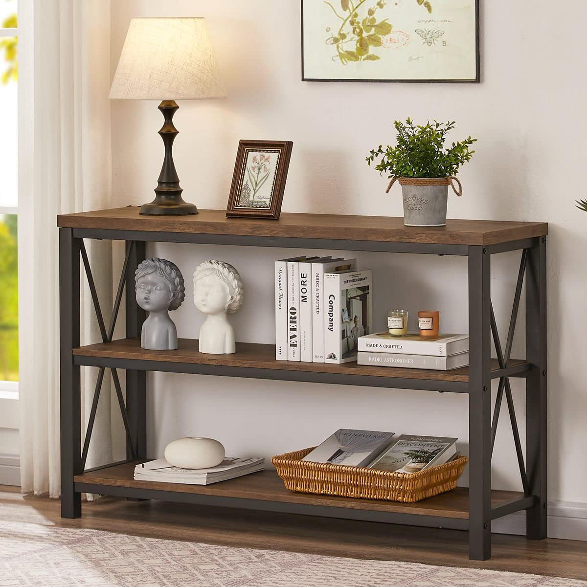 17 Stories Rustic Console Table Behind Couch And 5-Tier Ladder Shelf ...