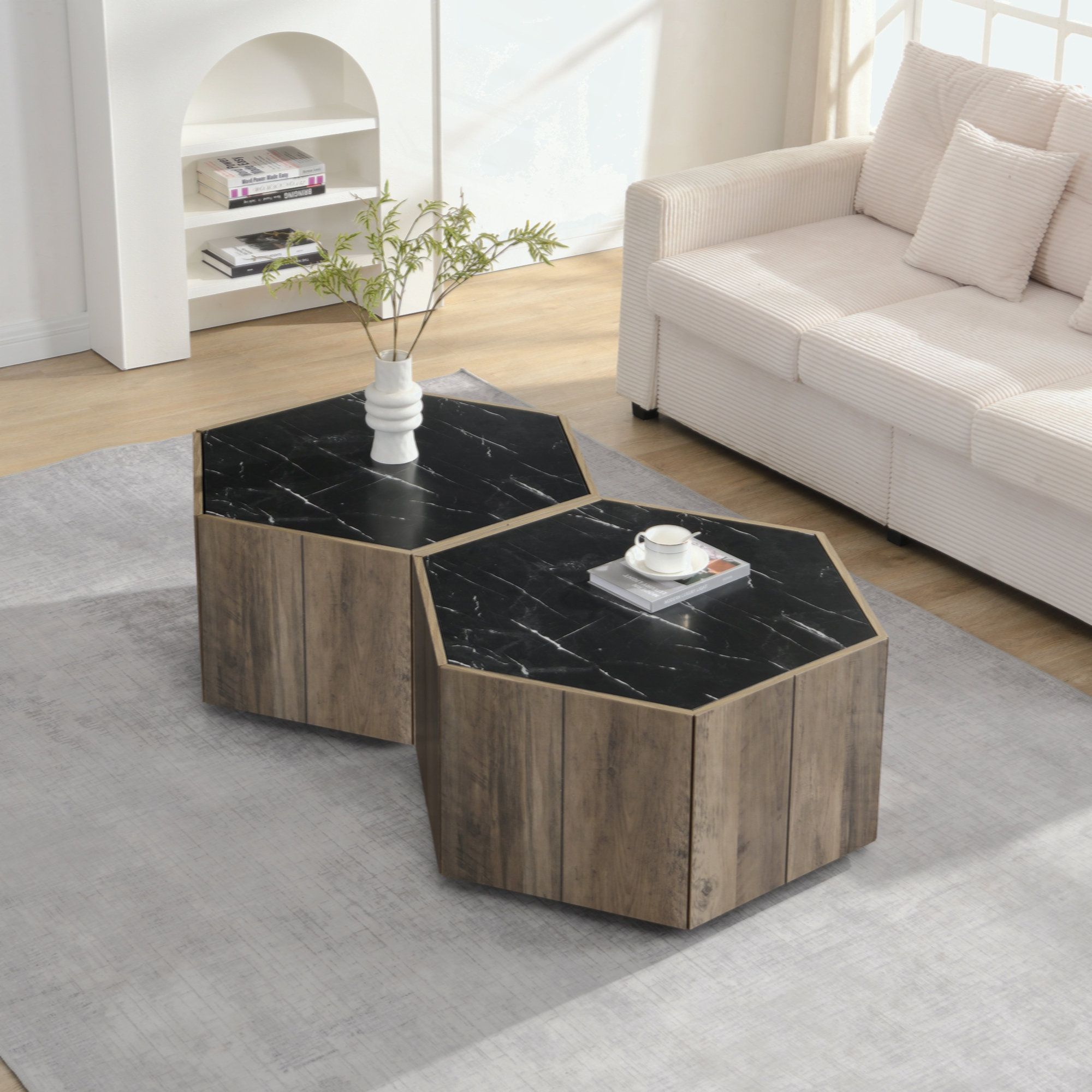 17 Stories Hexagonal Rustic Retro Wood Coffee Table, With 2 Hidden ...