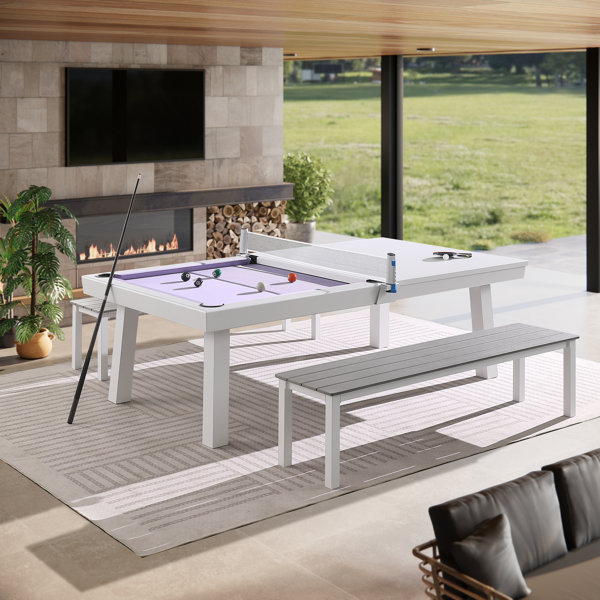 HomeSeason Oasis Outdoor/Indoor Slate Dining Pool Table w/ 2 Benches ...