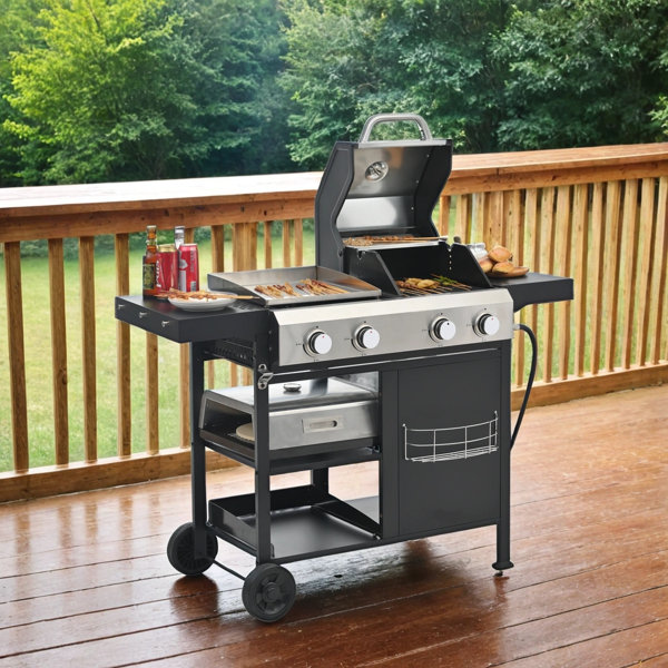 VOLBAL 4 Gas Grill & Griddle Combo with Cover for Outdoor BBQ, Frying ...