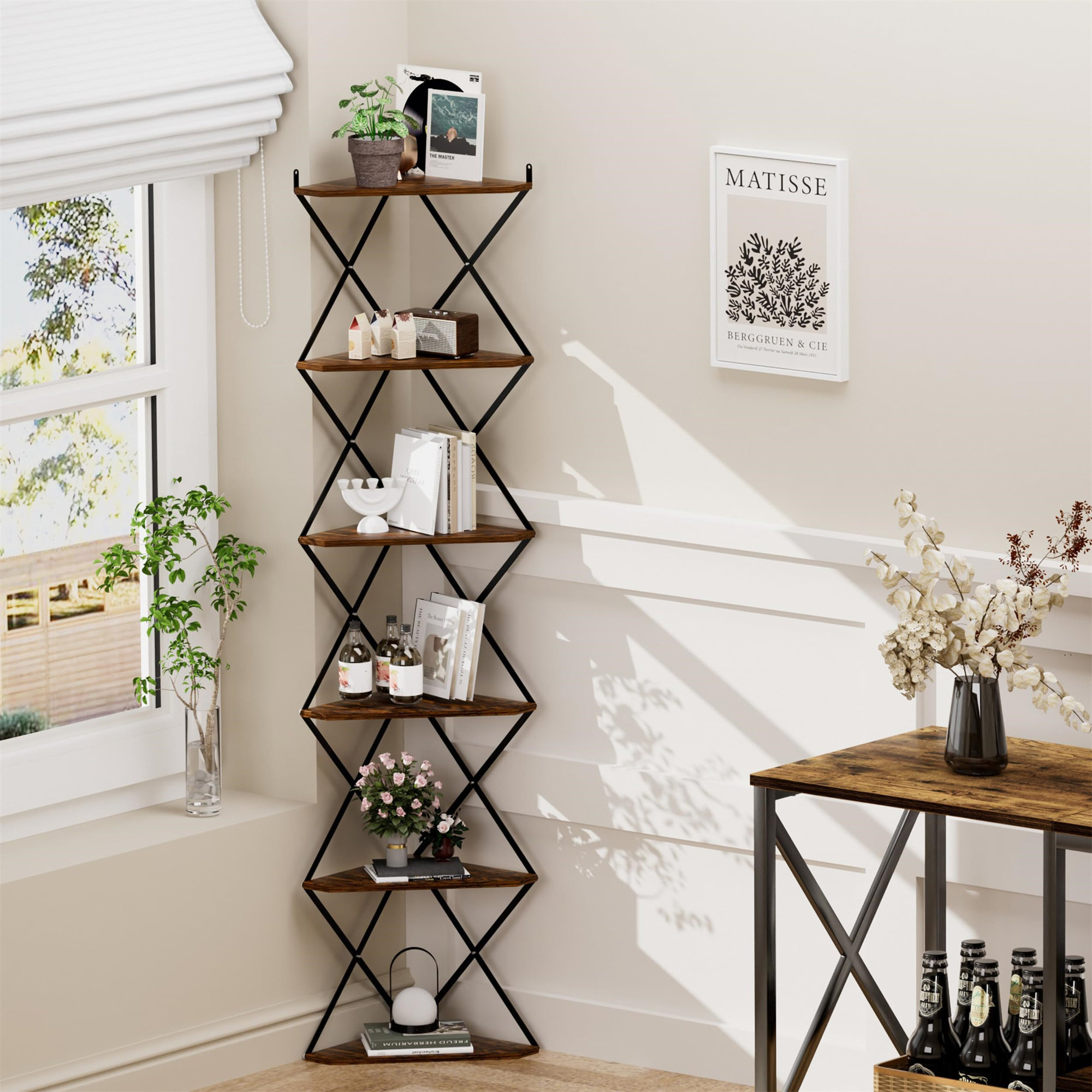 17 Stories 6-Tier Wall Mounted Corner Shelf With X-Shaped Metal Frame ...