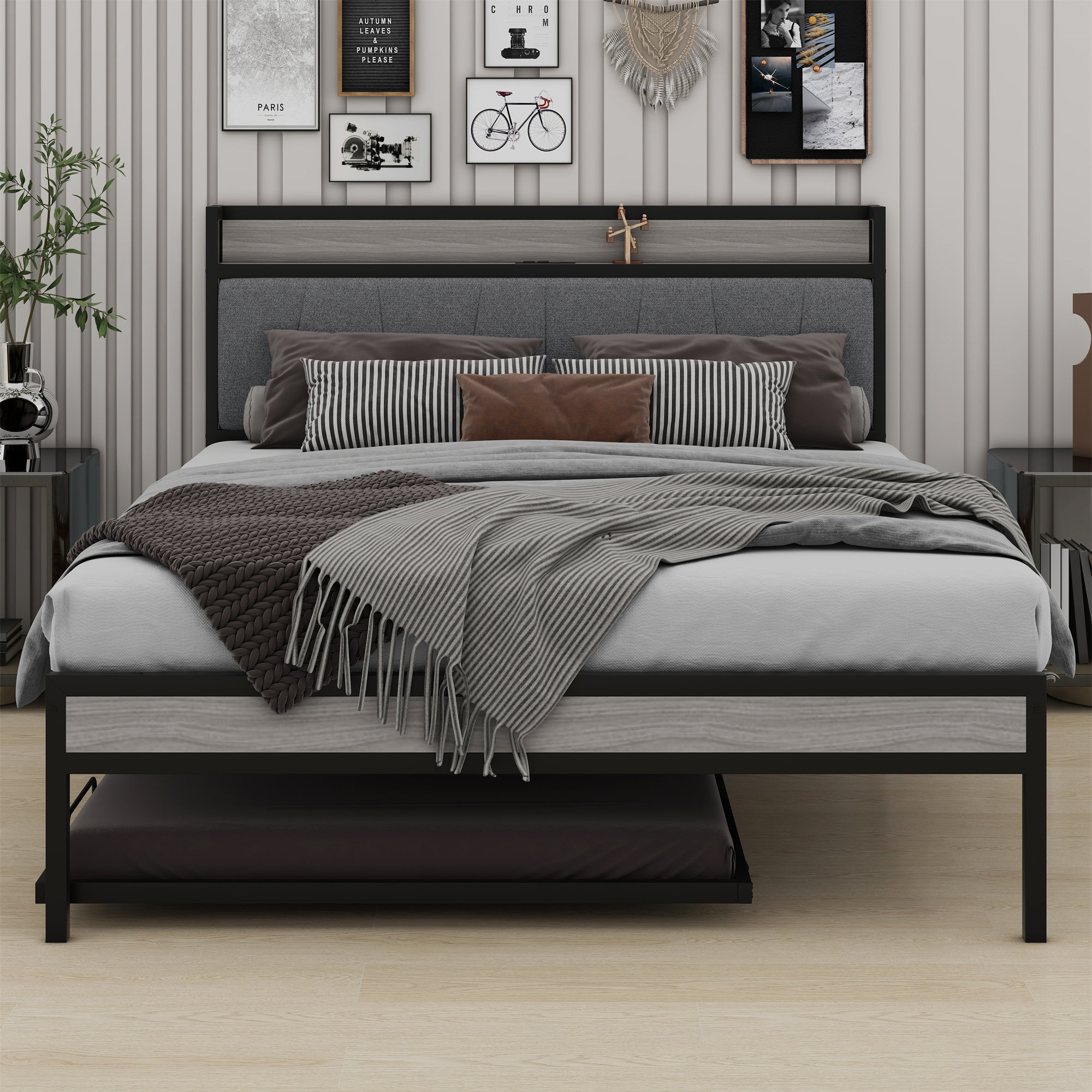 17 Stories Metal Platform Bed Frame With Trundle, Upholstered Headboard ...