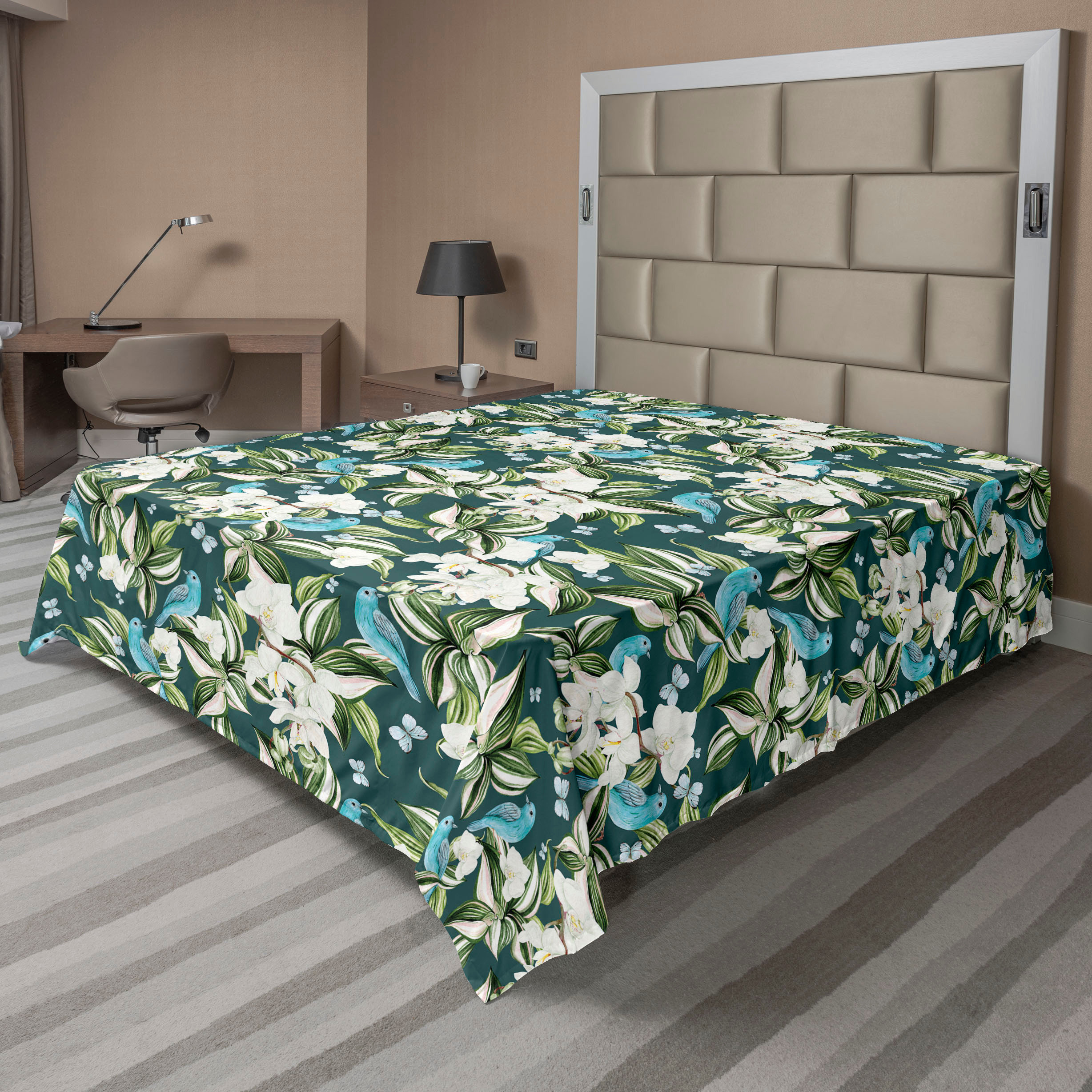 Ambesonne Nature Flat Sheet Orchids Birds Botanical Plot Fern Green Sky ...