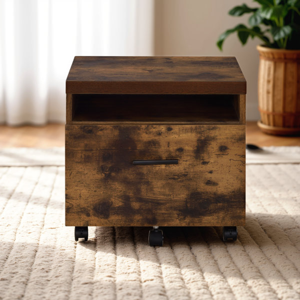 17 Stories Rustic Weathered Oak Nightstand with Caster Wheels | Wayfair