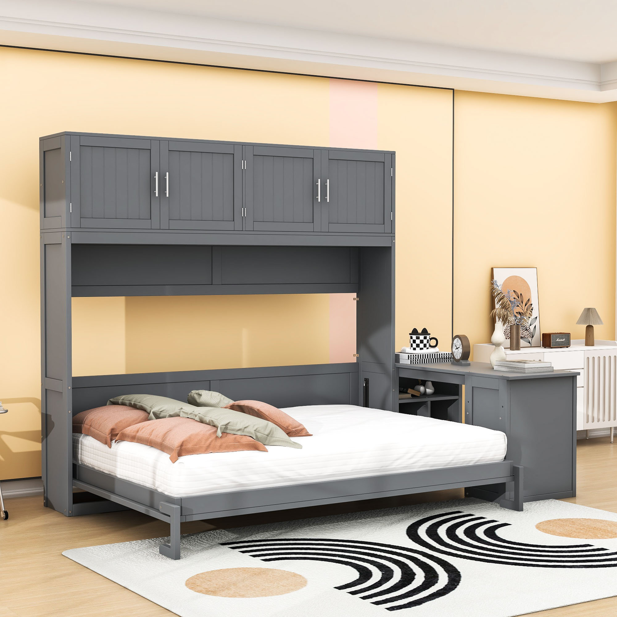 Red Barrel Studio® Queen Wood Murphy Bed with Built-in-Desk and Storage ...