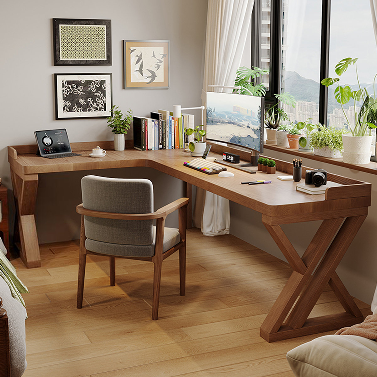 Oaklawn Tools Light-walnut L-Shaped Solid Wood desk | Wayfair