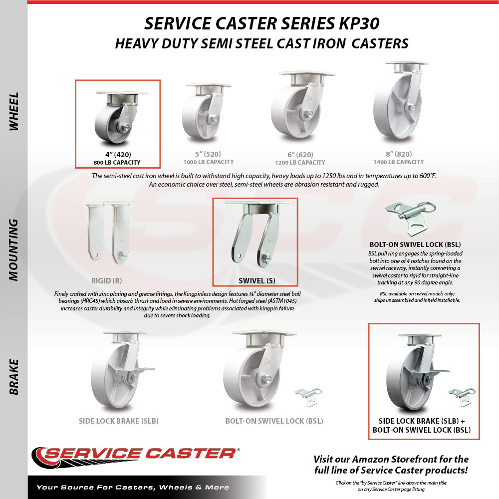 Service Caster 4 Inch Kingpinless Semi Steel Wheel Caster Set 2 Brakes ...