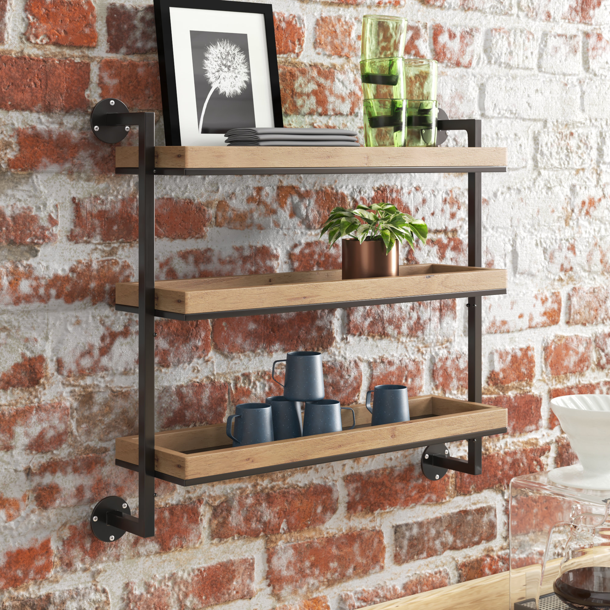 Williston Forge Hanfield Brown Metal 3 Shelves Wall Shelf 26" x 23" x 7 ...