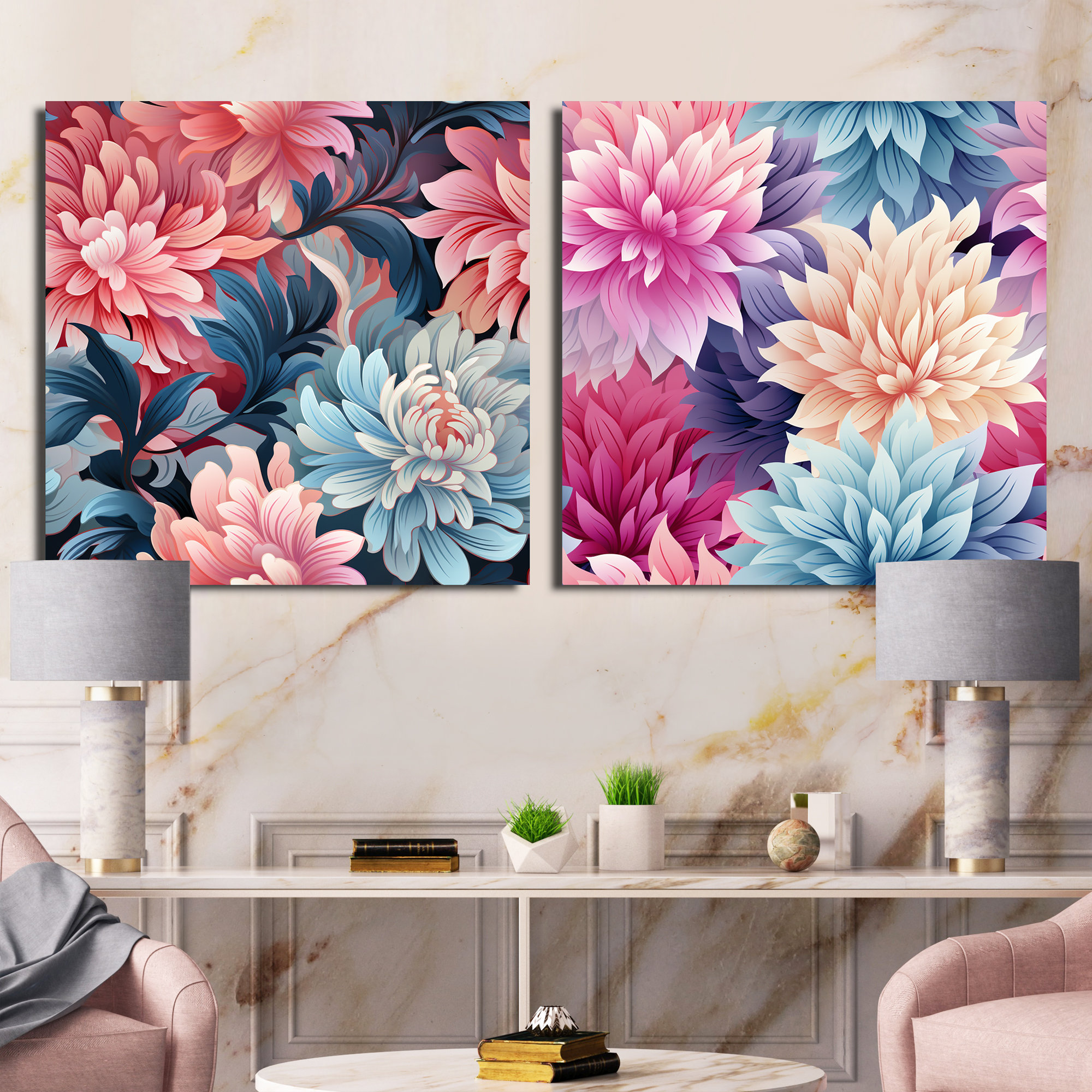 Design Art Pink And Purple Damask Geometry Blend - Abstract Botanicals ...