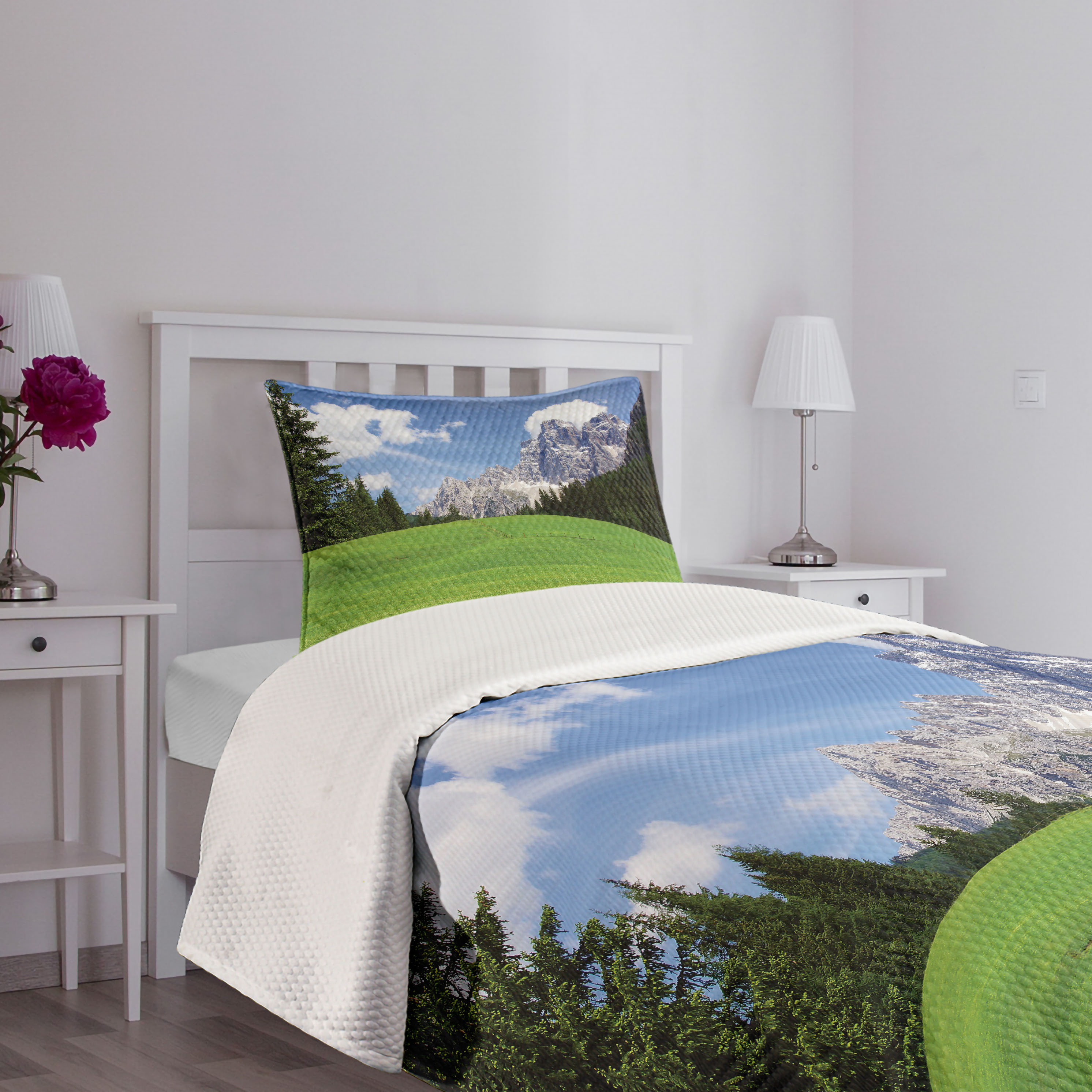 Ambesonne Italy Bedspread Set Rural Country Mountain Evergreen Blue ...